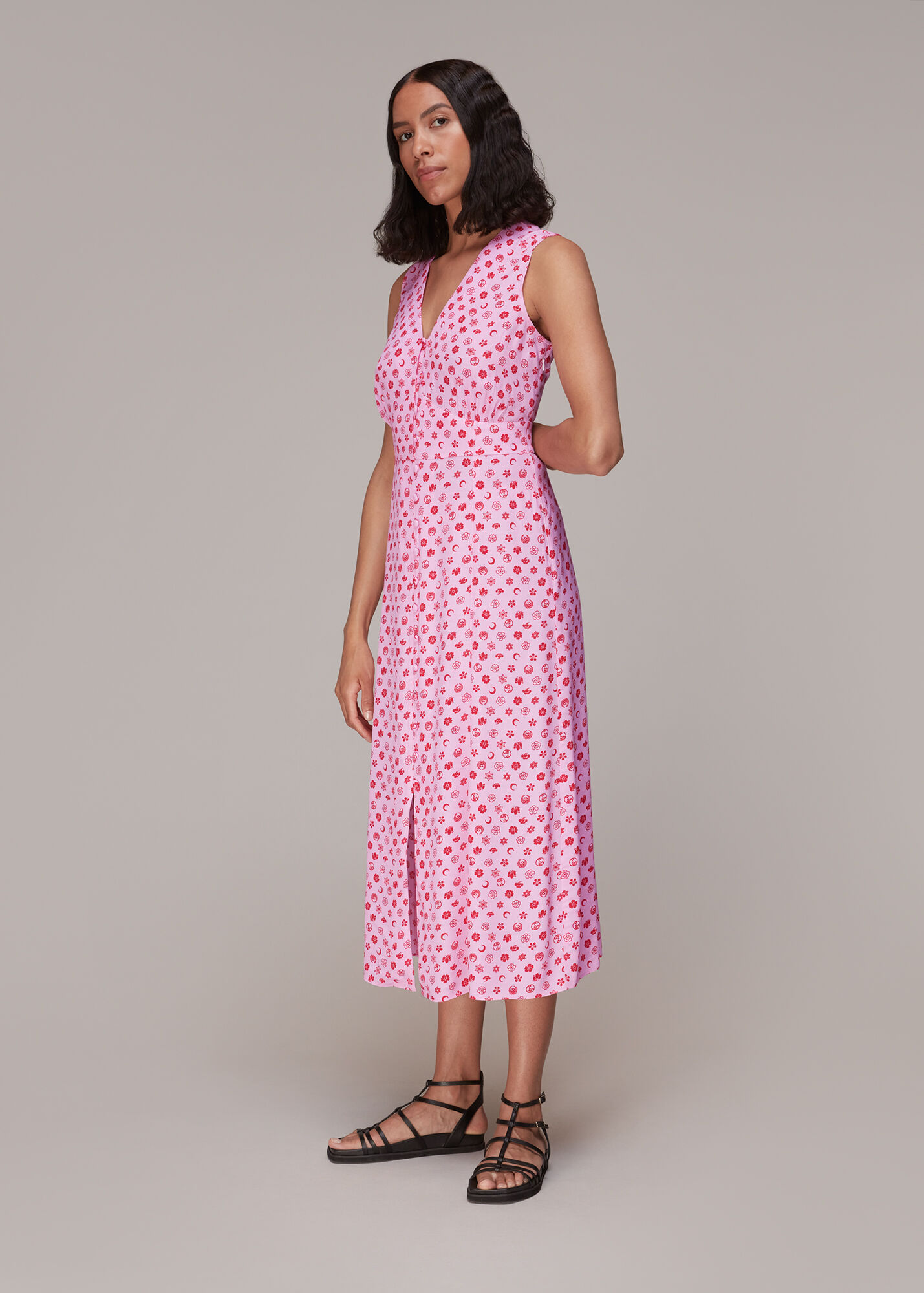 Pink/Multi Moon Floral Print Midi Dress | WHISTLES | Whistles UK
