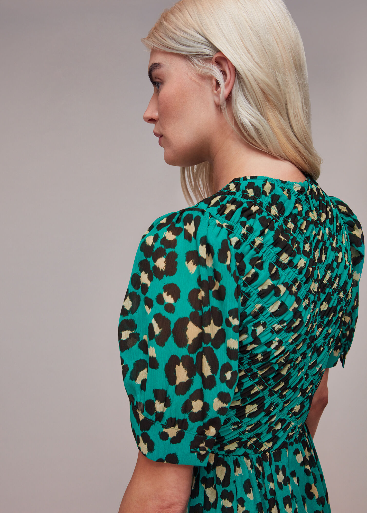 Green/Multi Painted Leopard Shirred Dress | WHISTLES | Whistles UK