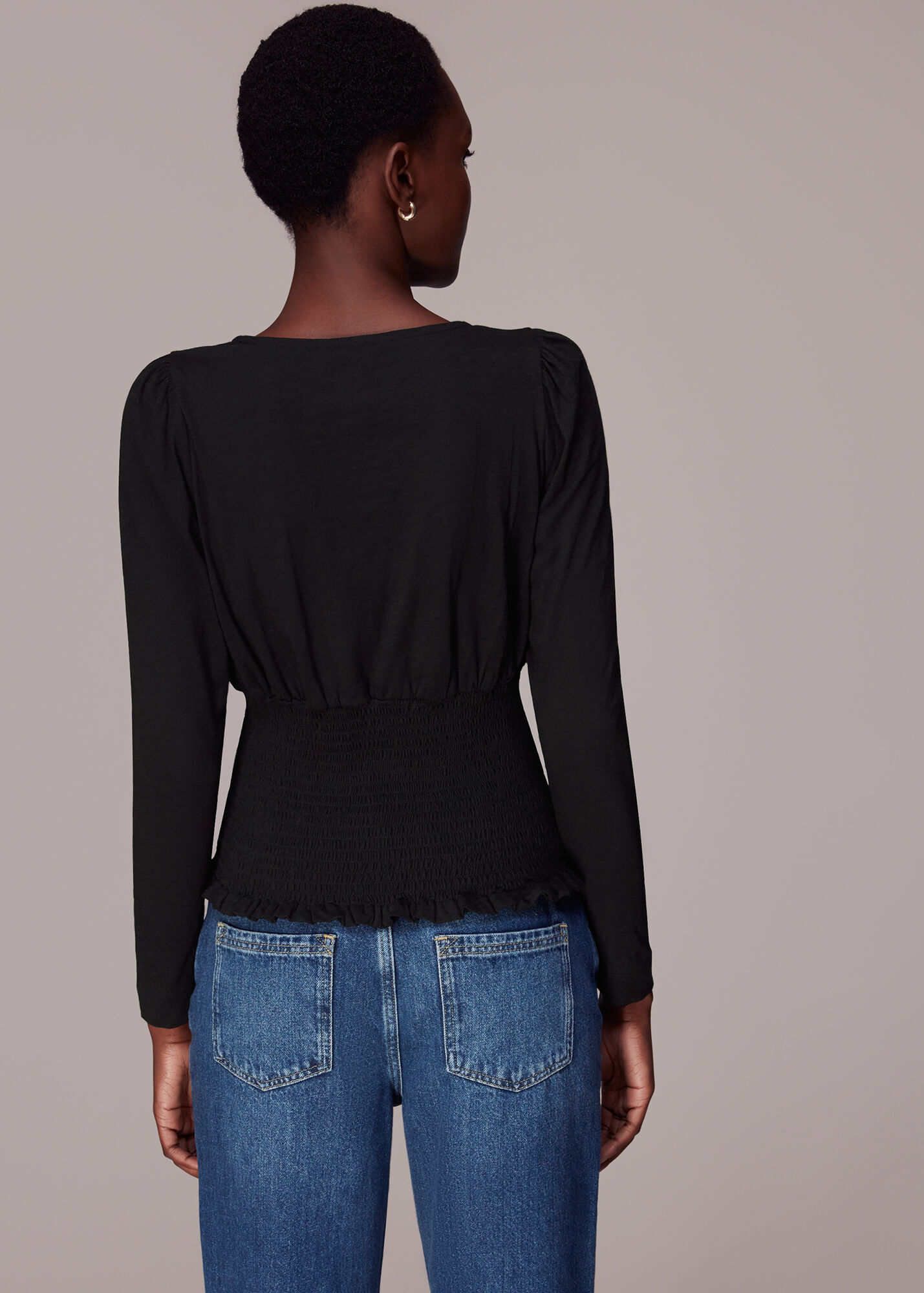 Black Square Neck Shirred Top | WHISTLES | Whistles UK