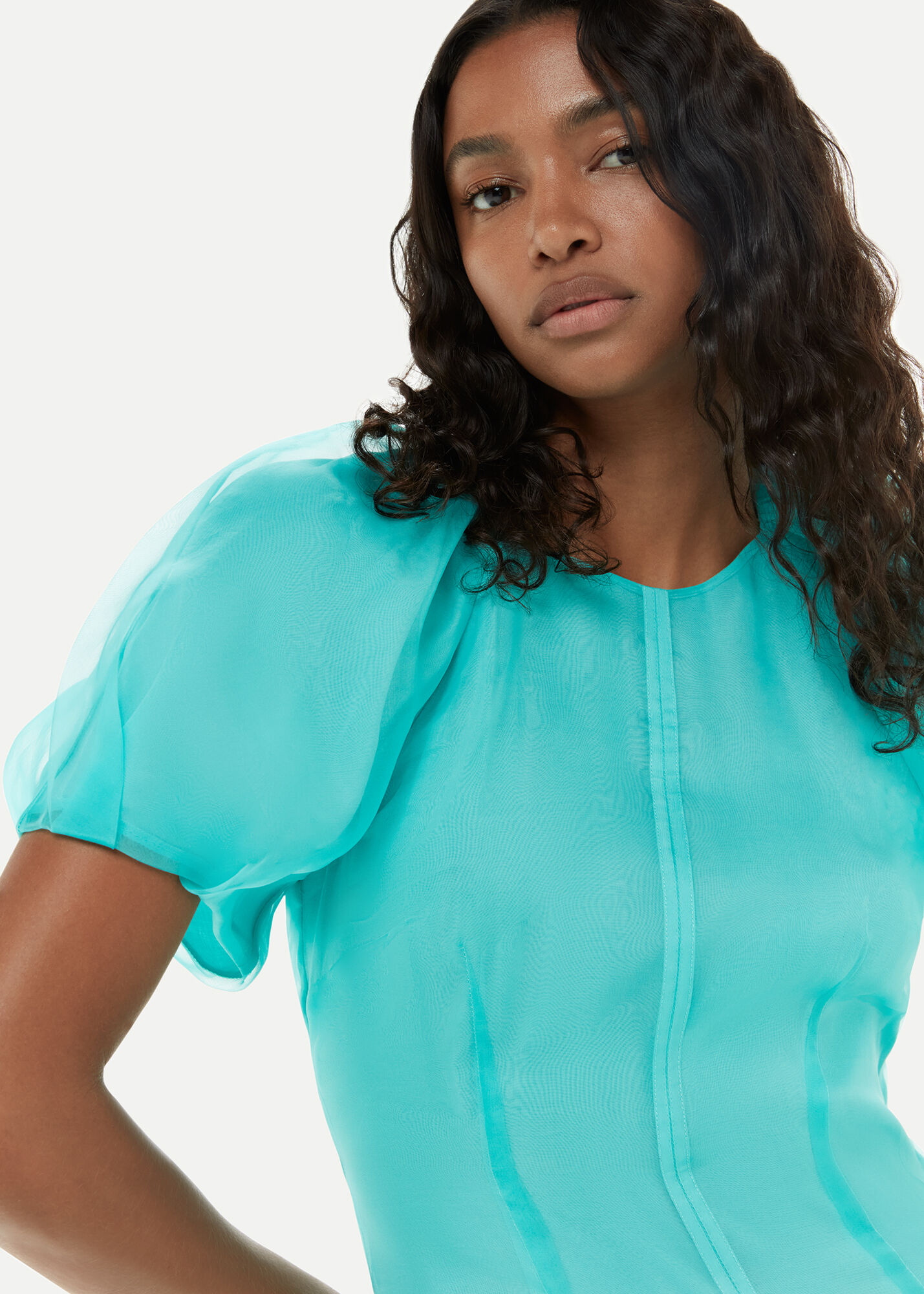Turquoise Organza Silk Puff Sleeve Dress | WHISTLES | Whistles UK