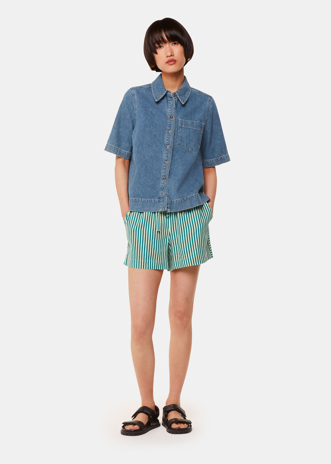 Green/Multi Stripe Linen Blend Short | WHISTLES | Whistles UK