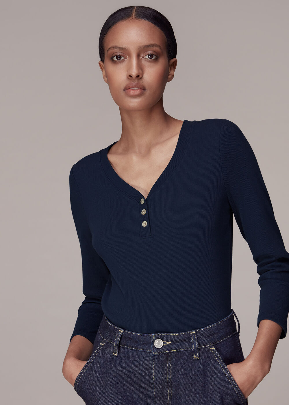 Navy Paiton Ribbed Button Front Top | WHISTLES | Whistles UK