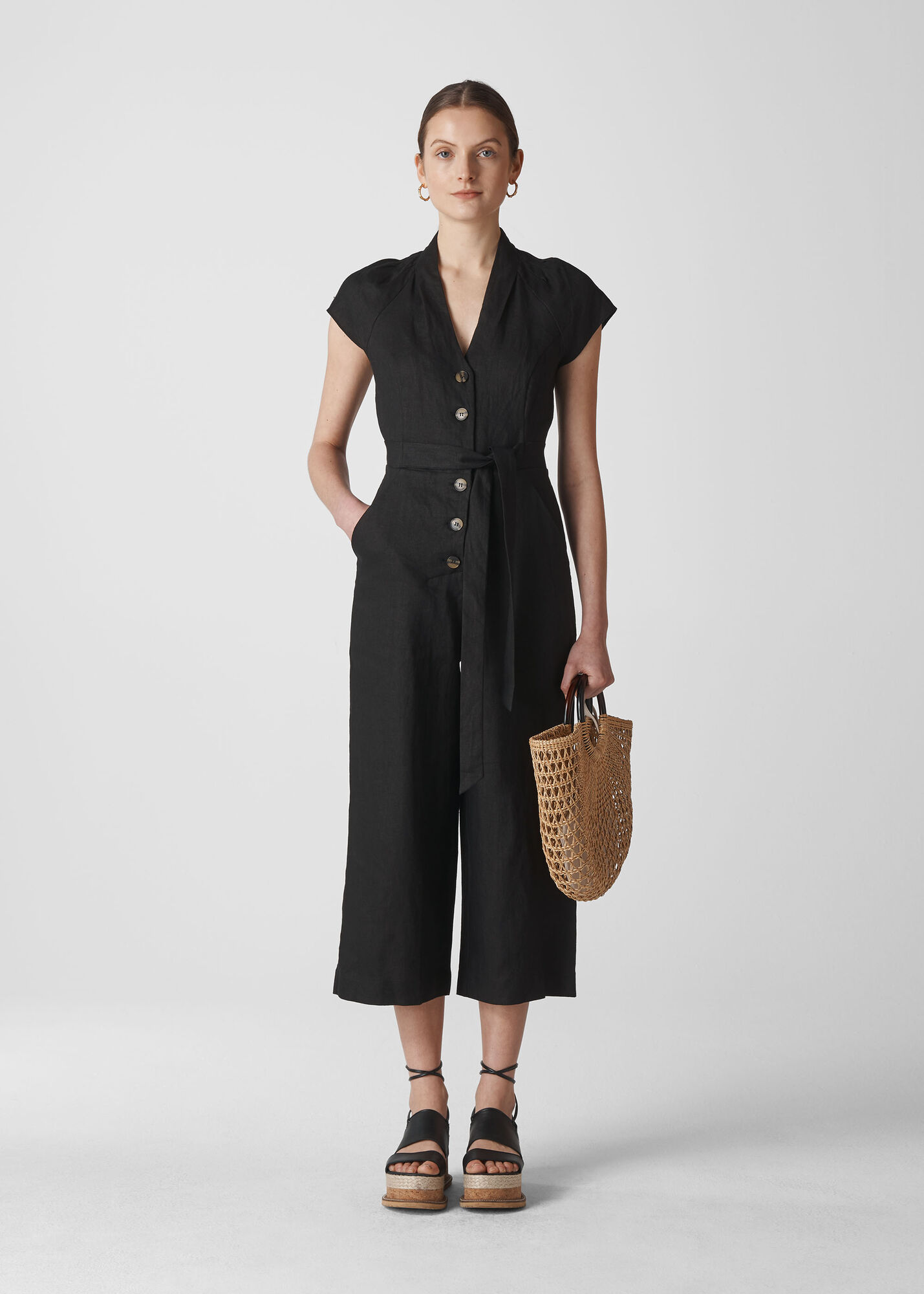 Black Sana Linen Button Jumpsuit | WHISTLES | Whistles UK