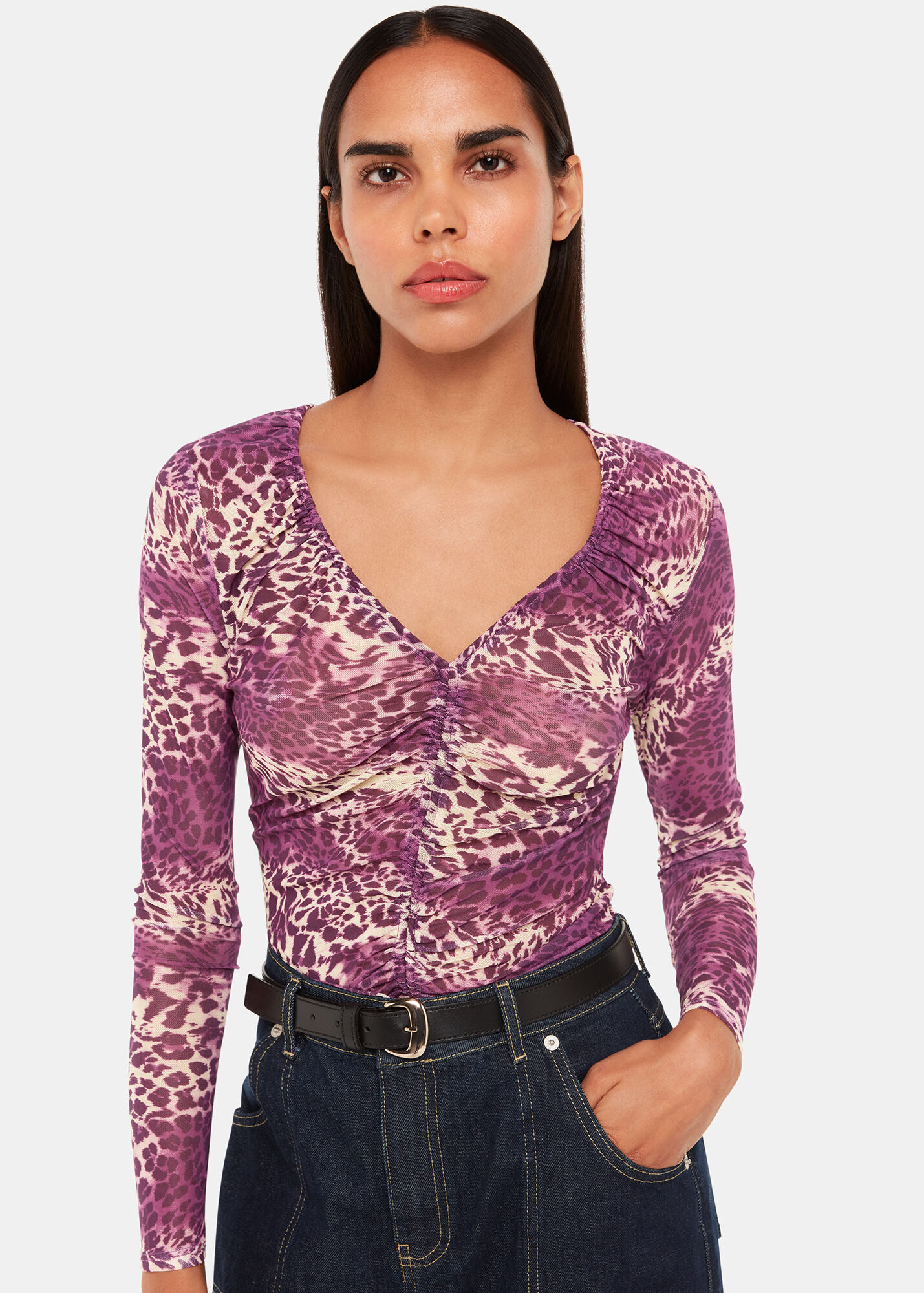 Pink/Multi Sahara Leopard Mesh Ruched Top | WHISTLES | Whistles UK