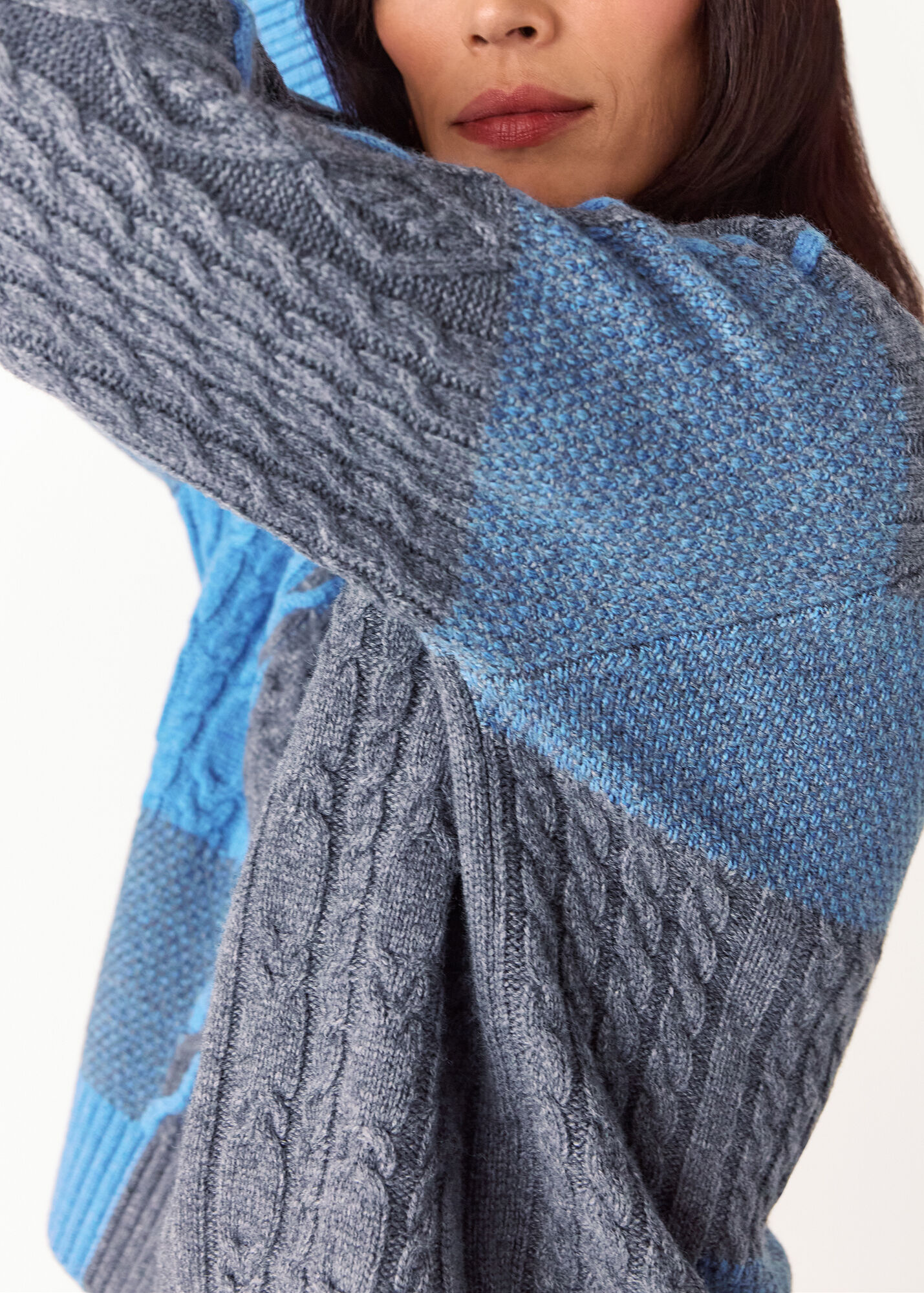 Blue/Multi Patchwork Cable Knit Sweater | WHISTLES | Whistles AU