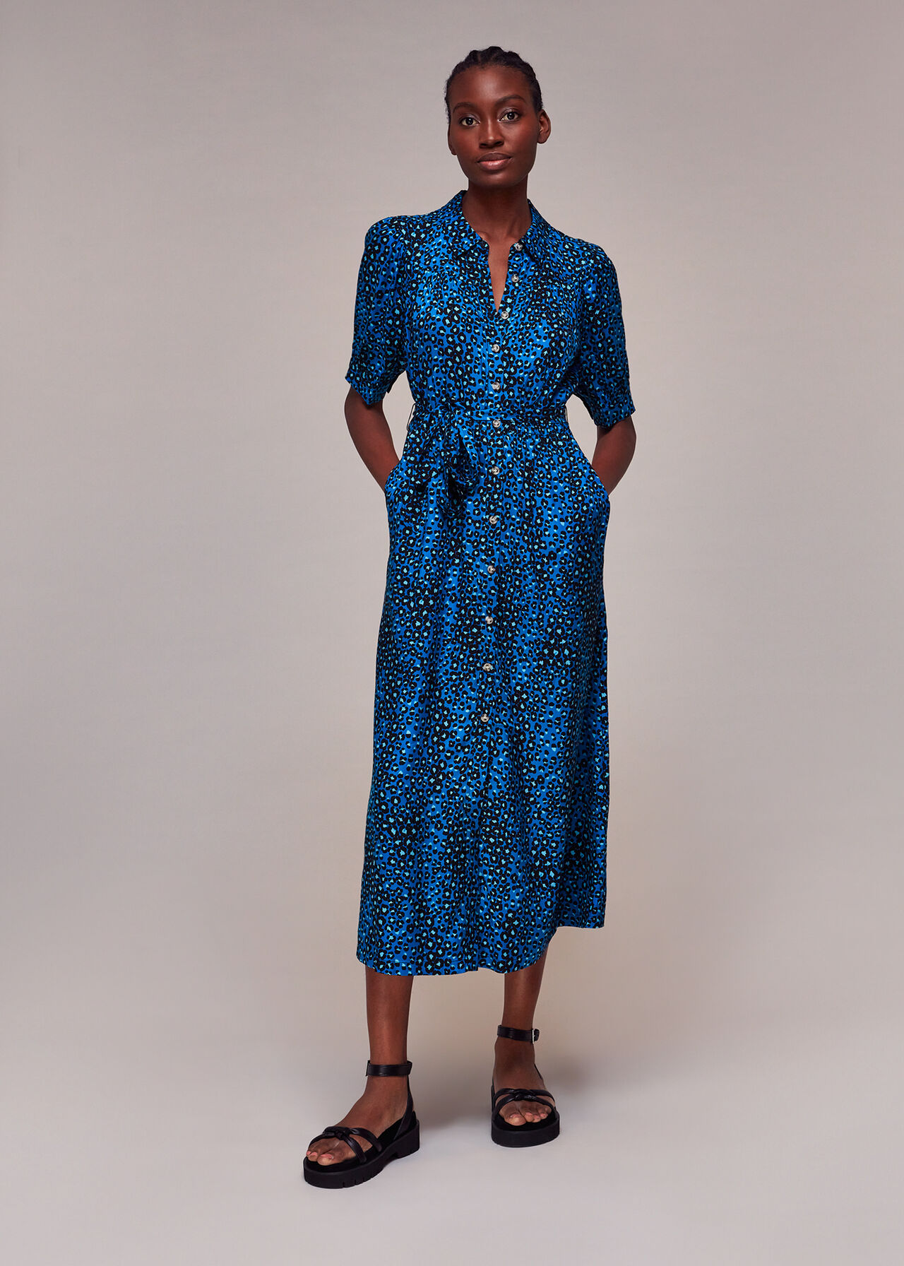 Blue/Multi Painted Leopard Midi Dress | WHISTLES | Whistles UK