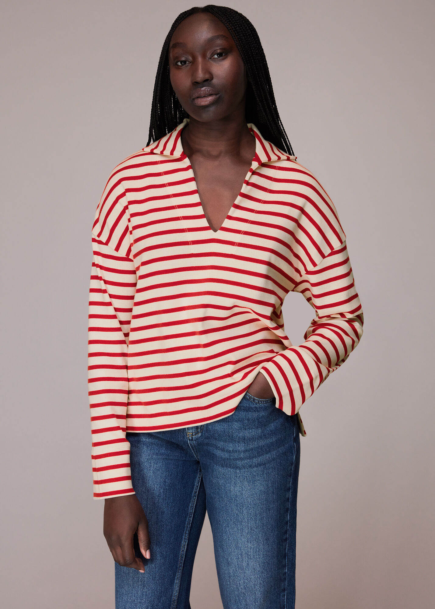 Red/Multi Breton Jersey Shirt | WHISTLES | Whistles UK