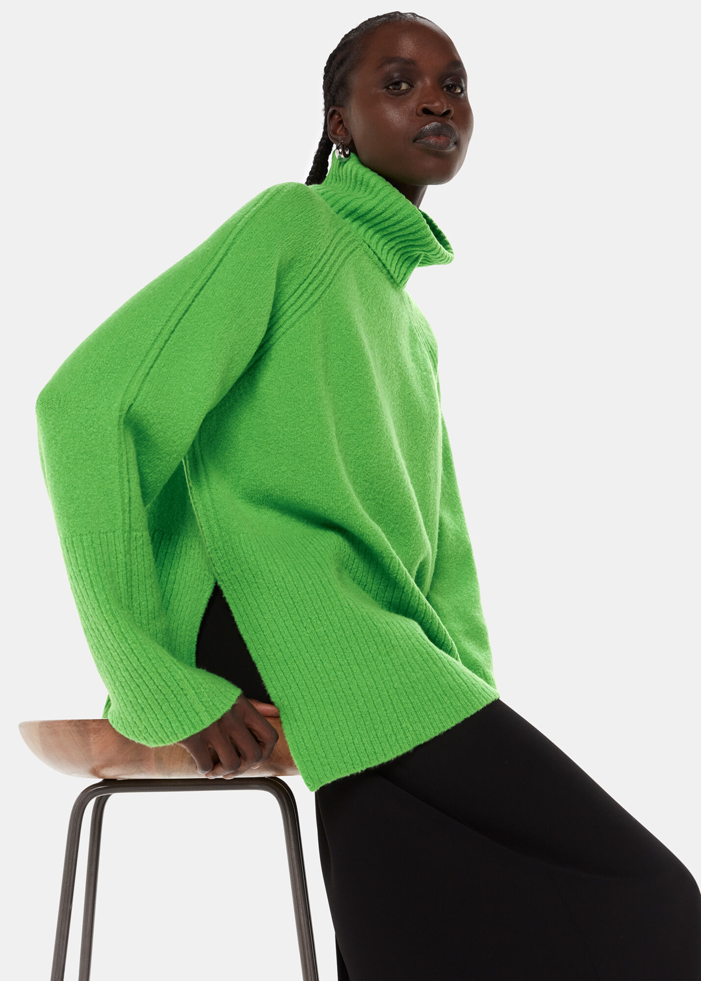 Green Textured Rib Detail Roll Neck | WHISTLES | Whistles UK