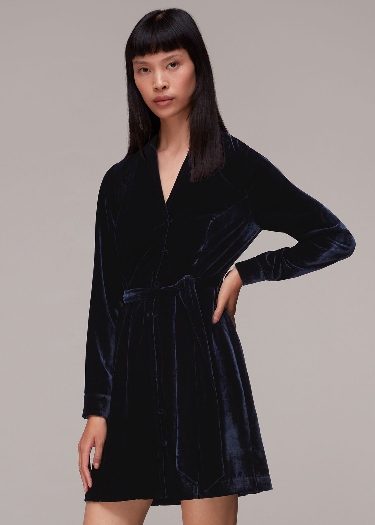 Navy Velvet Wrap Mini Dress Whistles