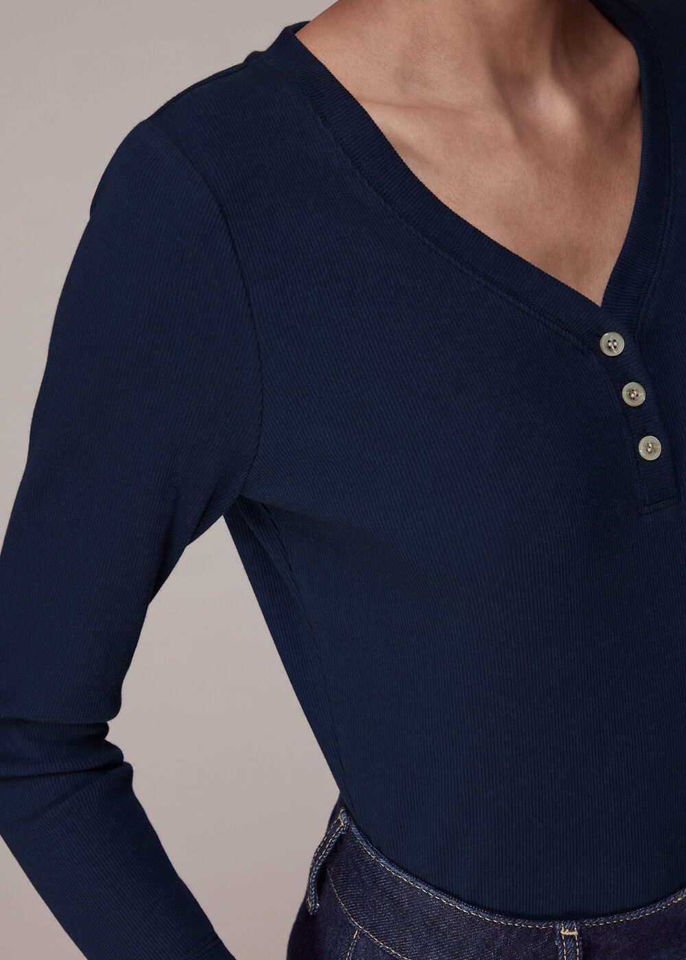 Navy Paiton Ribbed Button Front Top | WHISTLES | Whistles UK