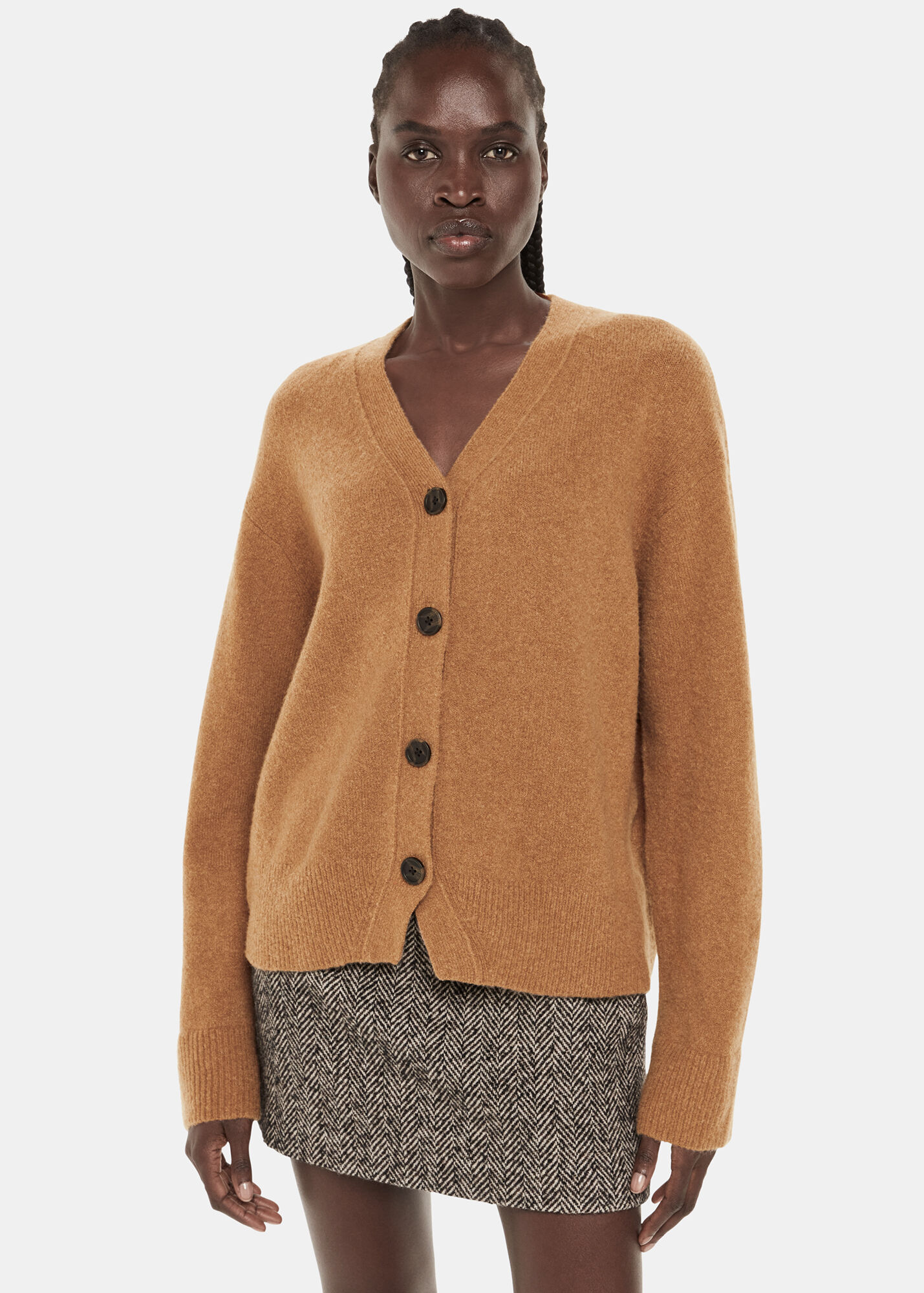 Camel Textured Wool Mix Cardigan | WHISTLES | Whistles US