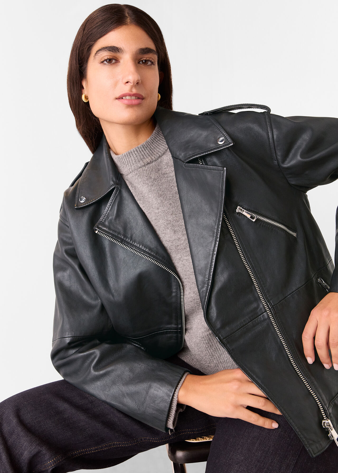 Black Freja Leather Biker Jacket | WHISTLES | Whistles US