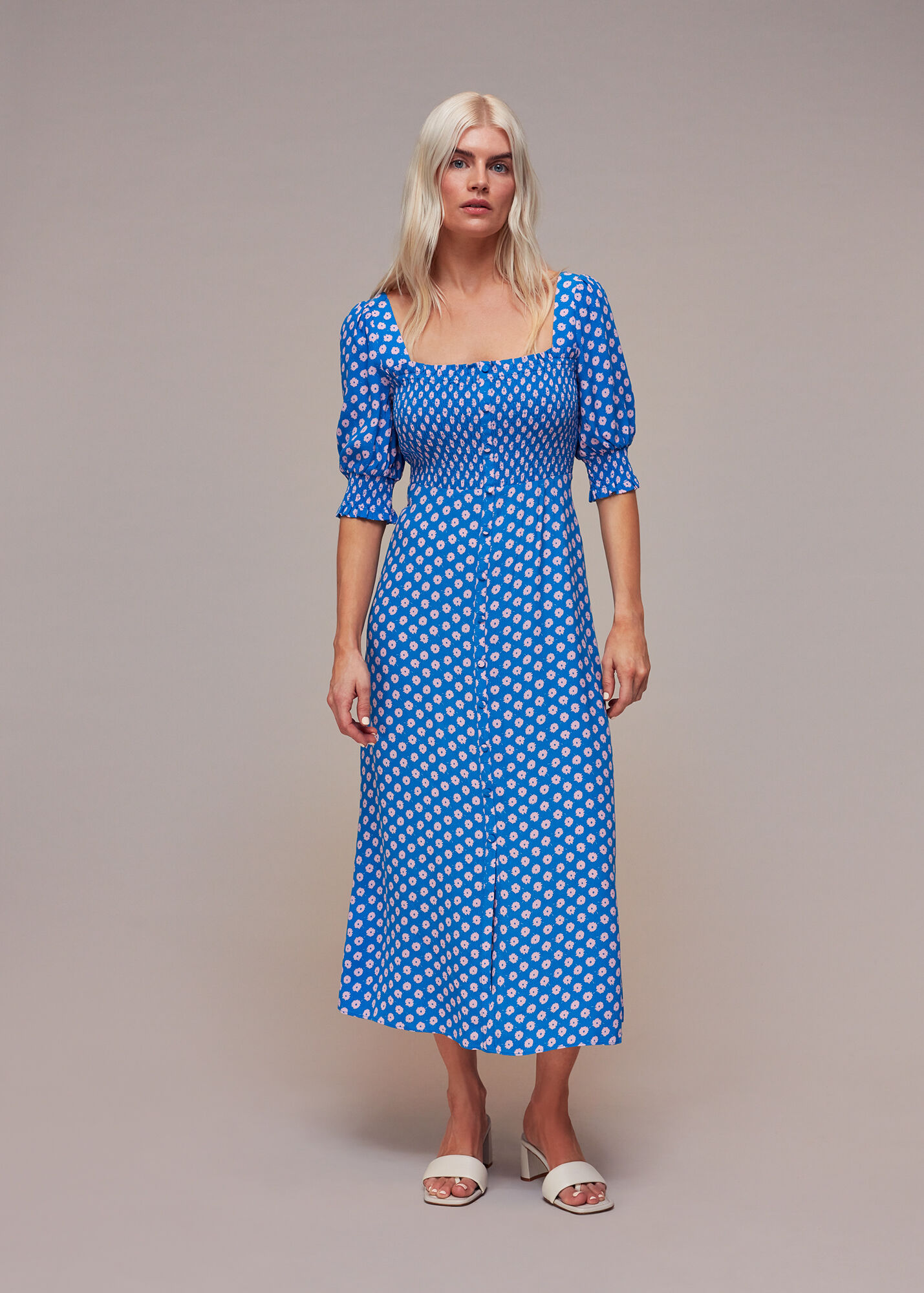 Blue/Multi Floral Sunburst Shirred Dress | WHISTLES | Whistles UK