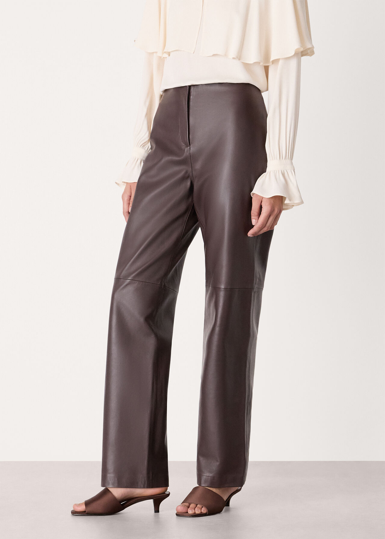 Chocolate Flat Front Leather Trousers | WHISTLES | Whistles US