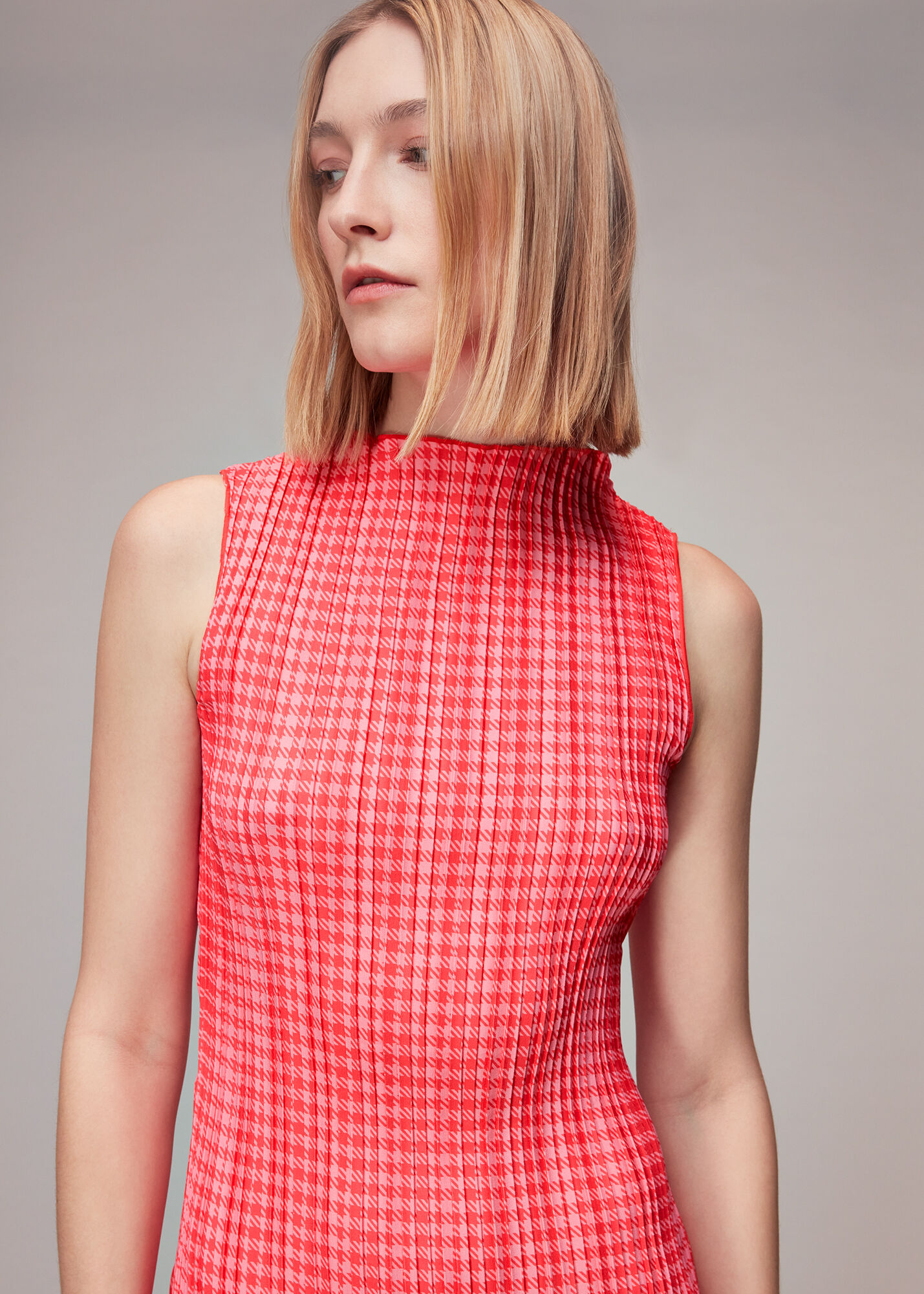 Pink/Multi Houndstooth Plisse Midi Dress | WHISTLES | Whistles UK