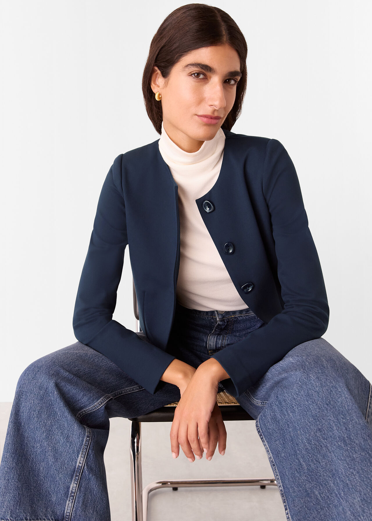 Women's Navy Collarless Button-Up Jacket | Whistles UK