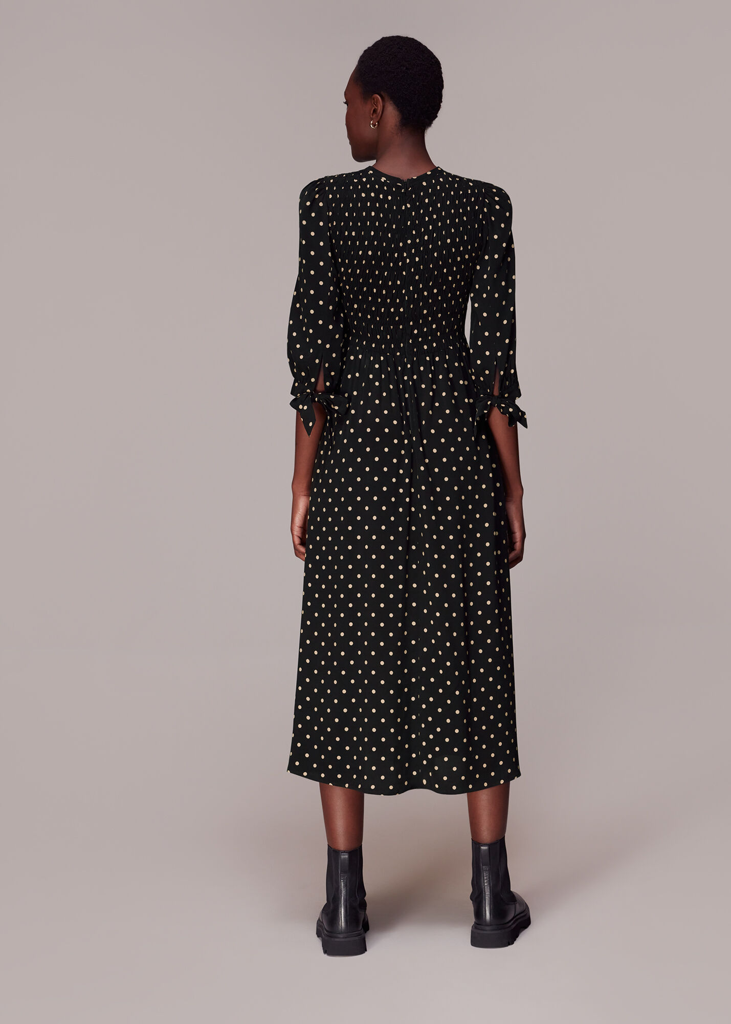 Black/Multi Shirred Spot Midi Dress | WHISTLES | Whistles UK