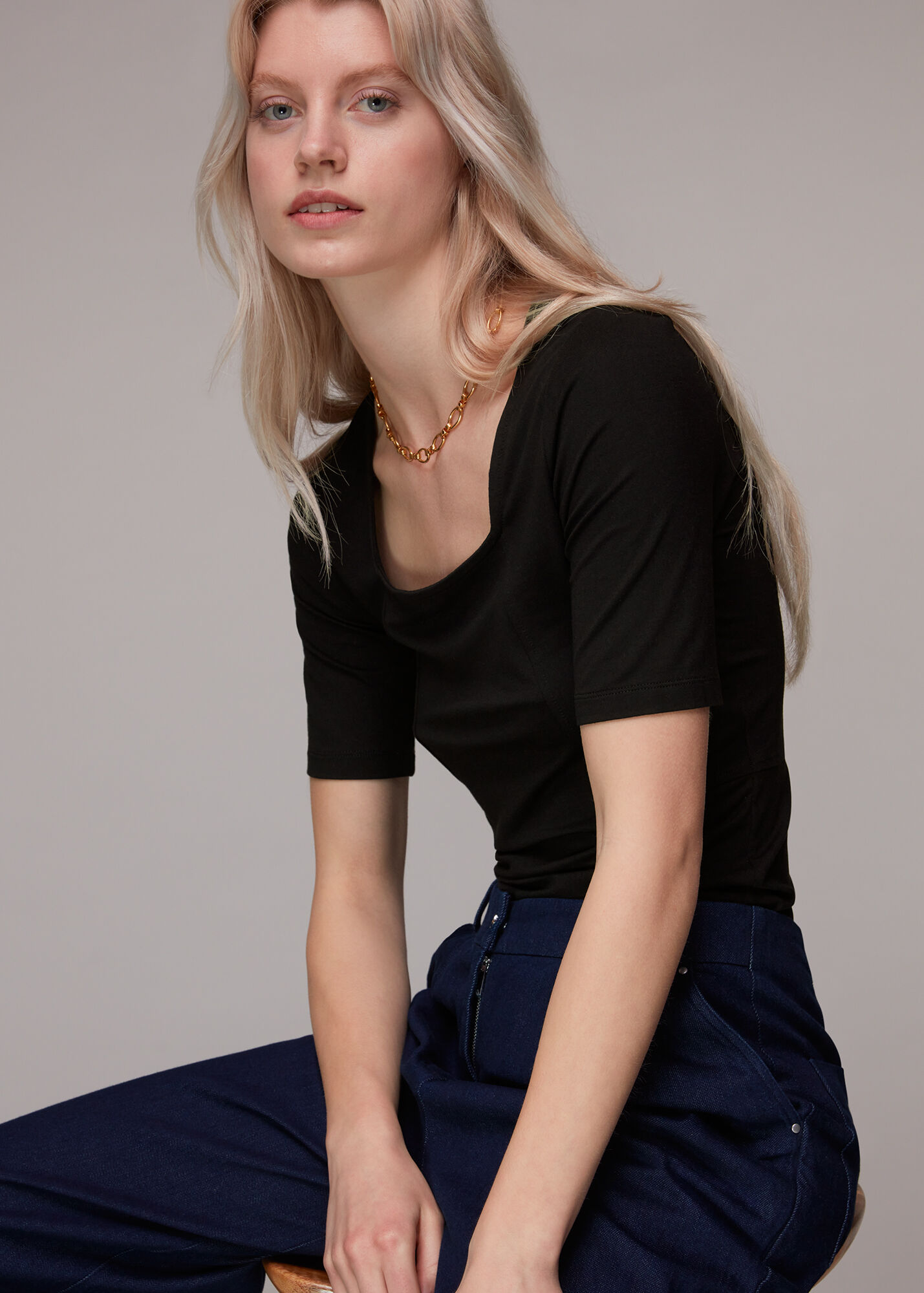 Black Square Neck T-Shirt | WHISTLES | Whistles UK
