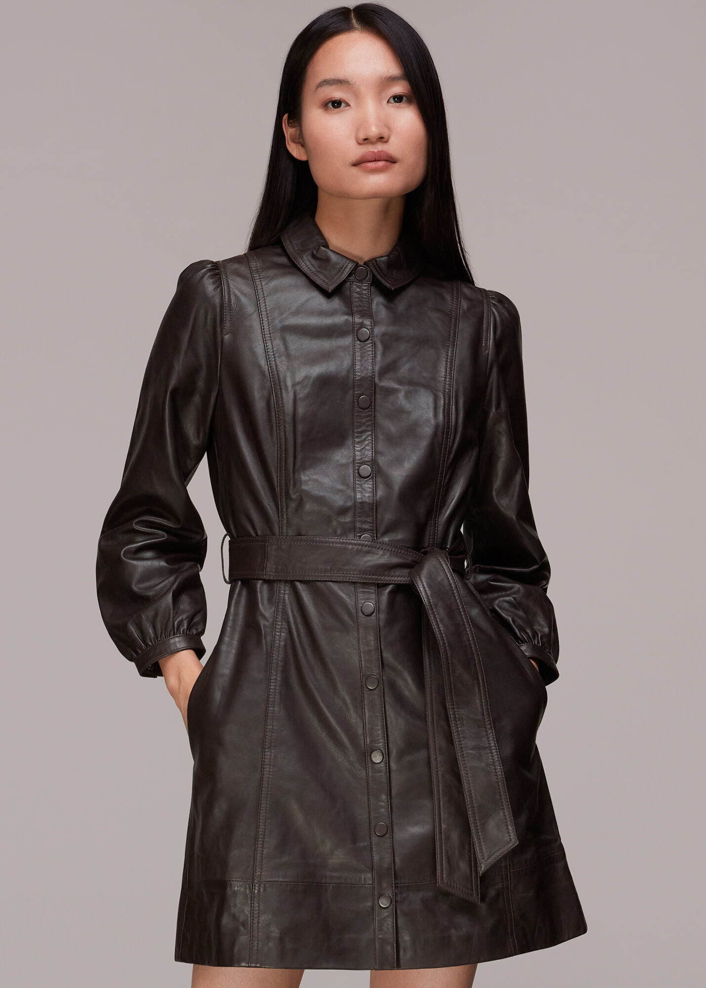 Brown Phoebe Short Leather Dress | WHISTLES | Whistles UK
