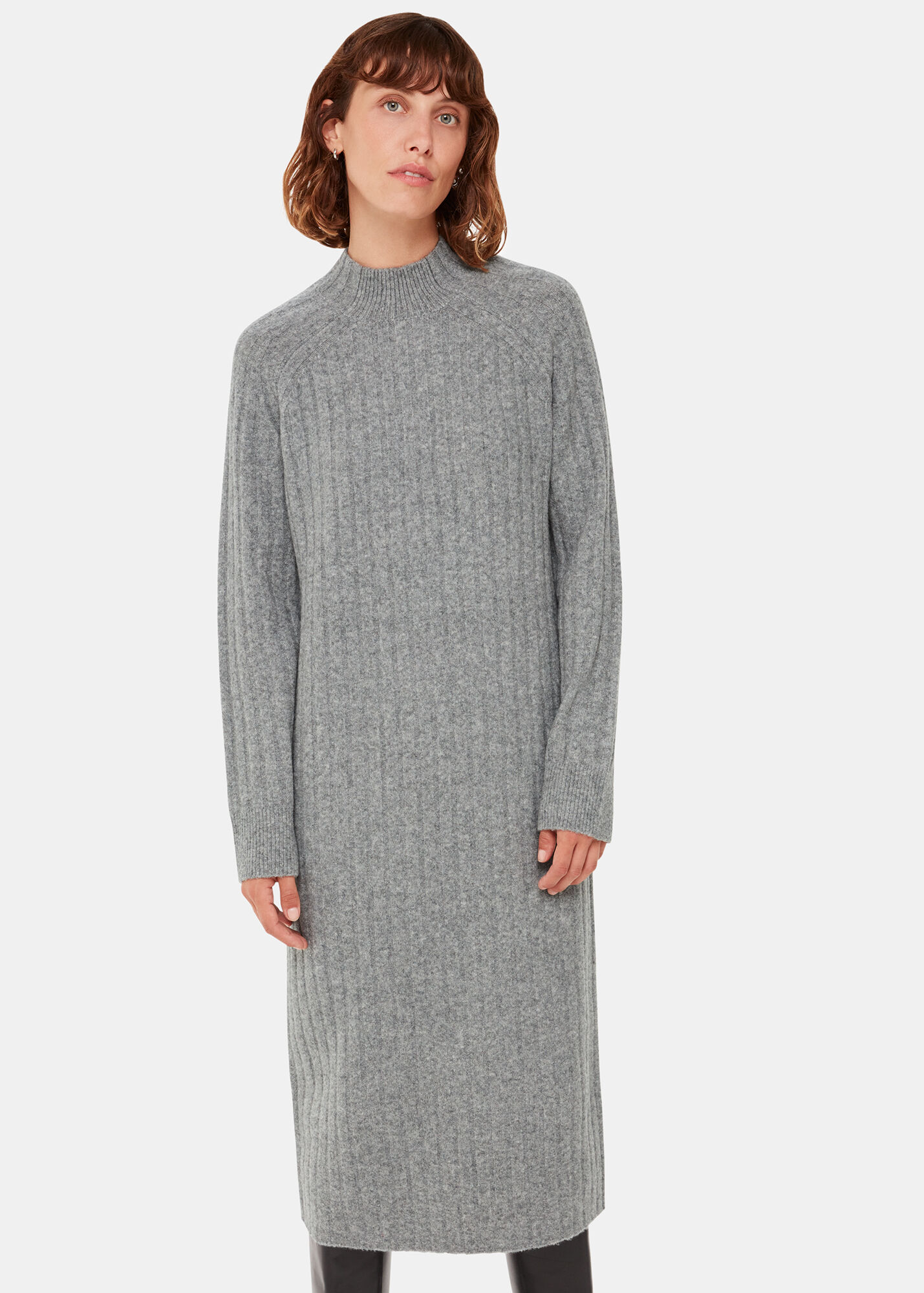 Grey Ribbed Knitted Midi Dress | WHISTLES | Whistles UK