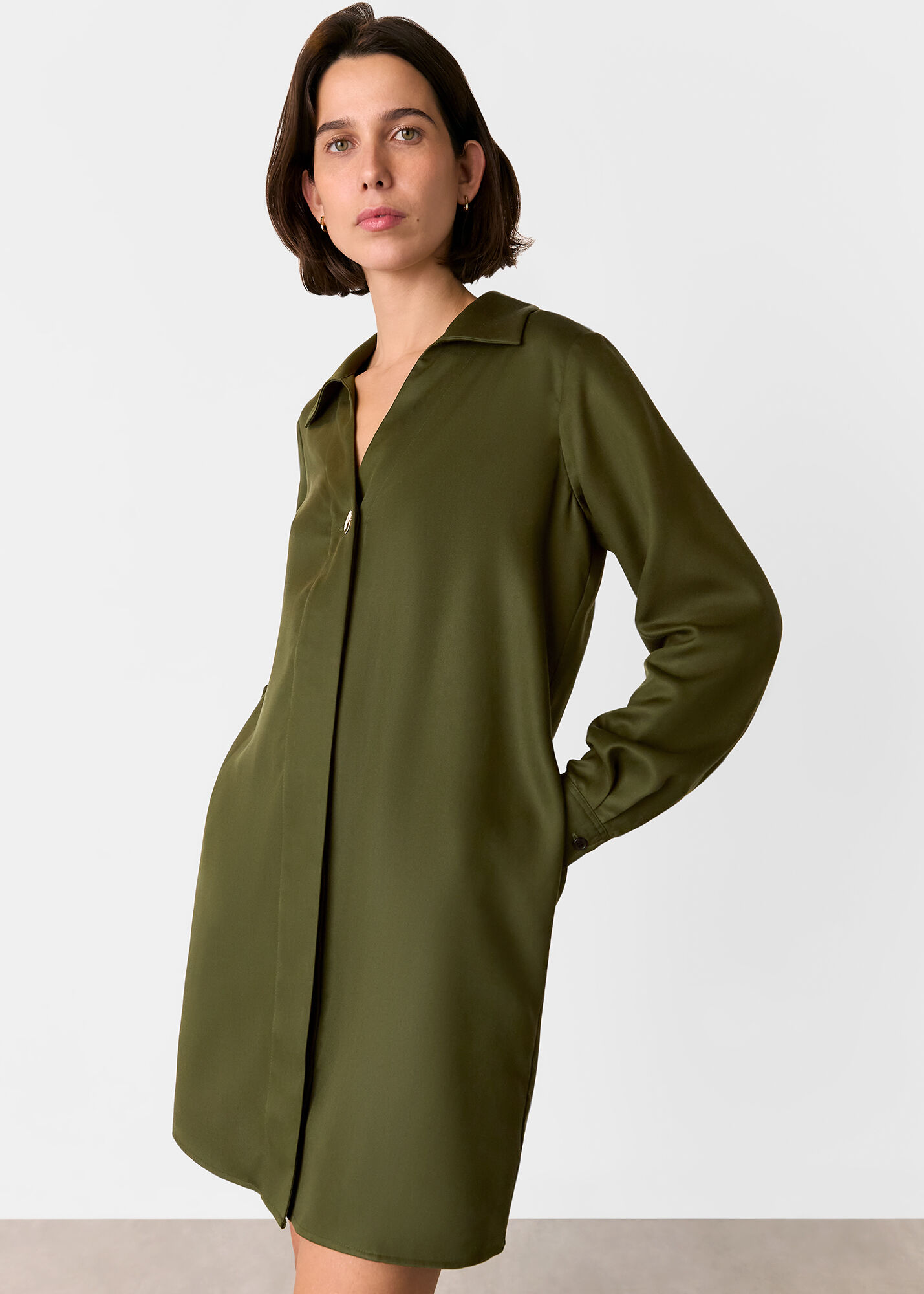 Khaki Collared Button Short Dress | WHISTLES | Whistles AU