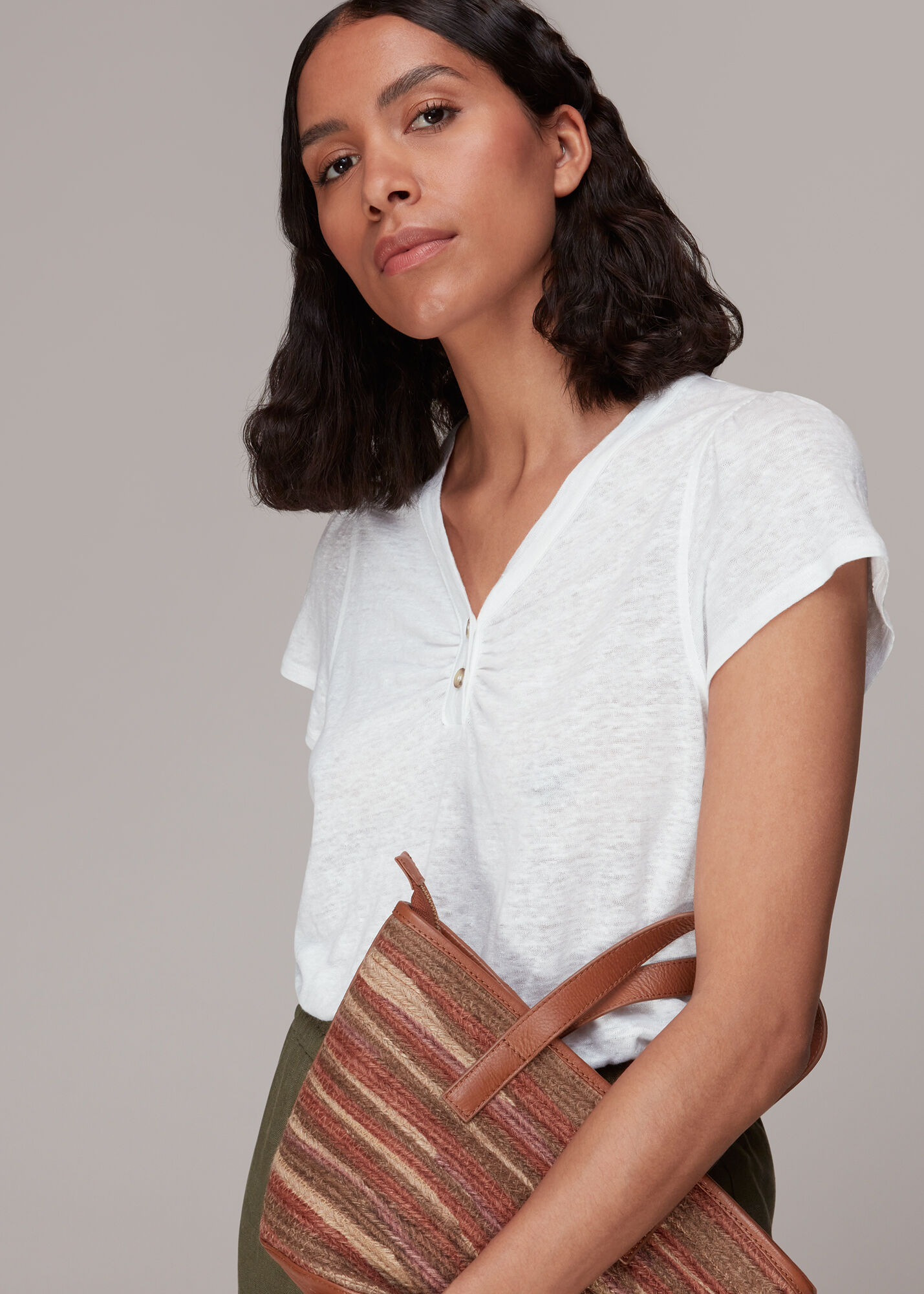 White Cada Button Linen Mix Tee | WHISTLES | Whistles UK