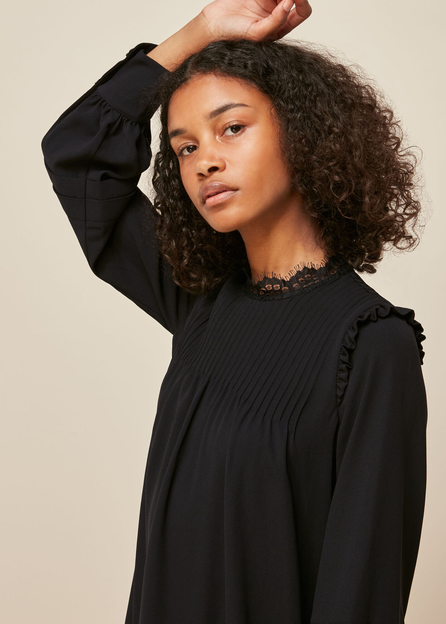 Black Lace Trim Pintuck Dress | WHISTLES | Whistles UK