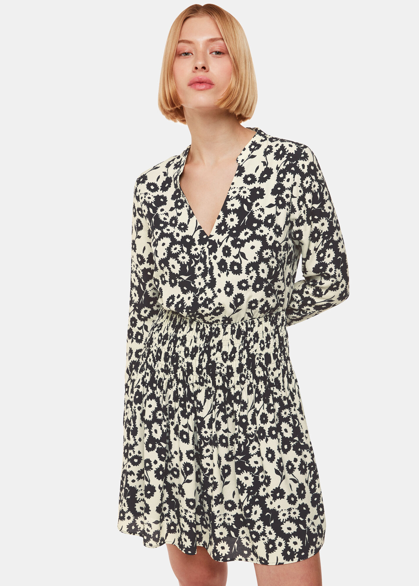 Black/Multi Riley Floral Shirred Dress | WHISTLES | Whistles UK