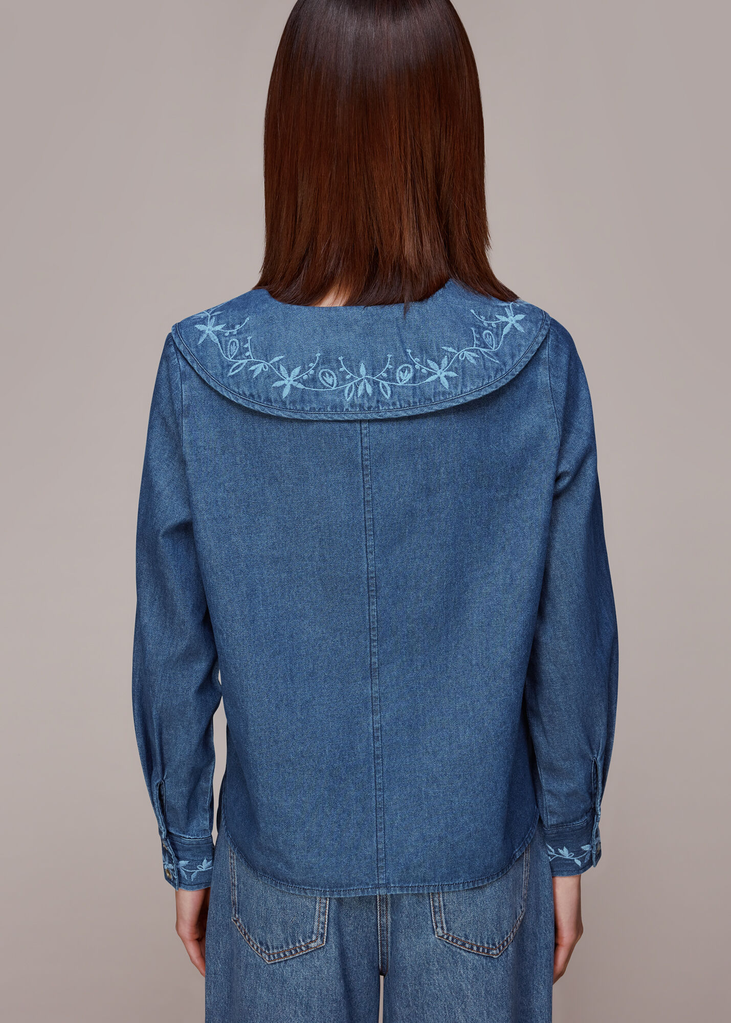 Denim Embroidered Collar Denim Top | WHISTLES | Whistles UK