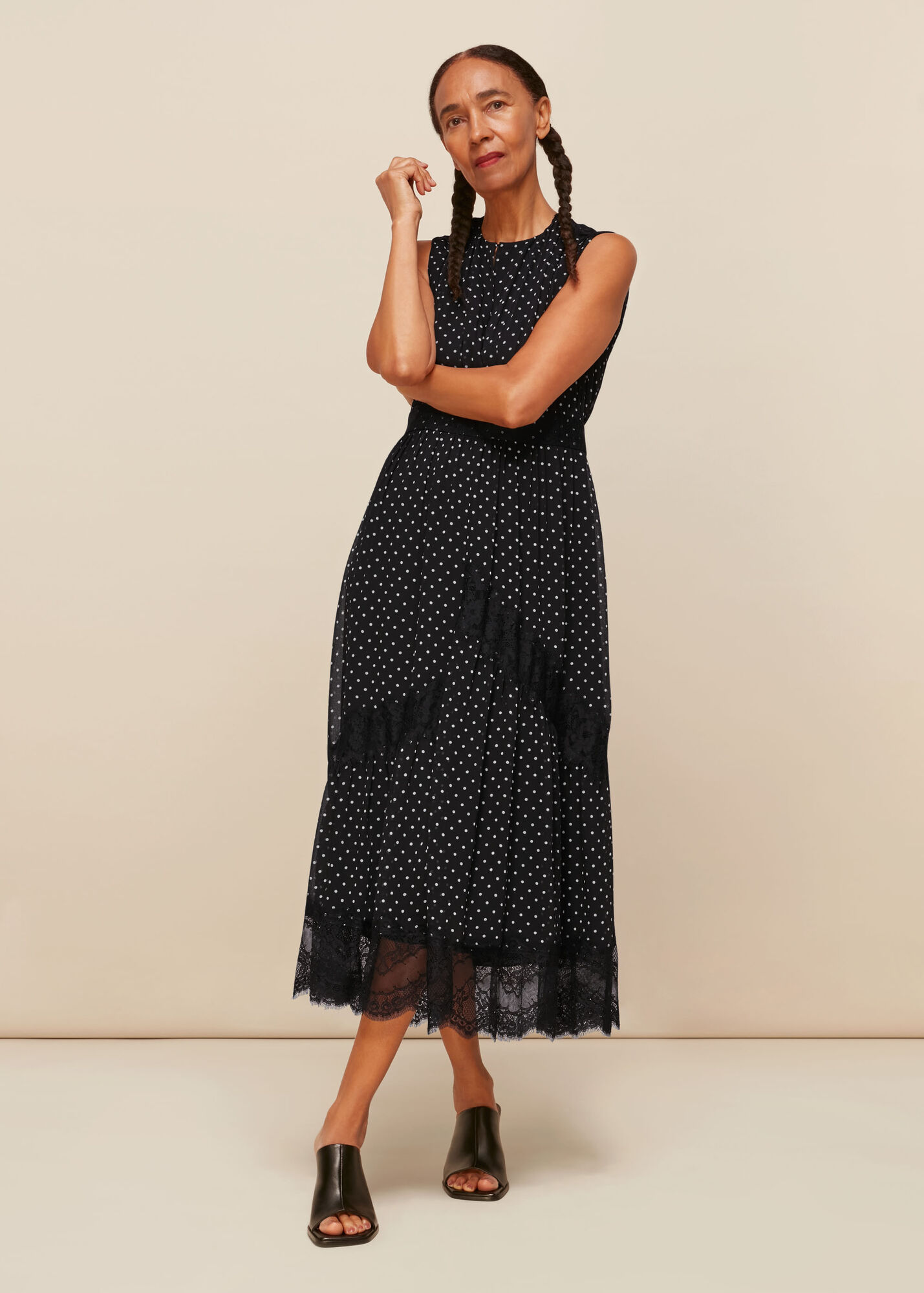 Black/Multi Spot Lace Midi Dress | WHISTLES | Whistles UK