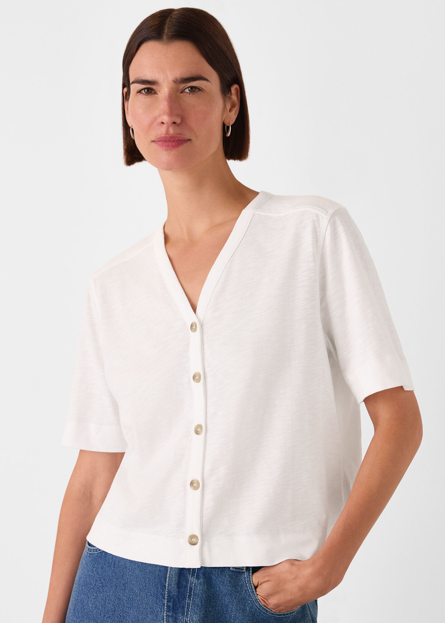 White Ella V Neck Button Through Tee | WHISTLES | Whistles US