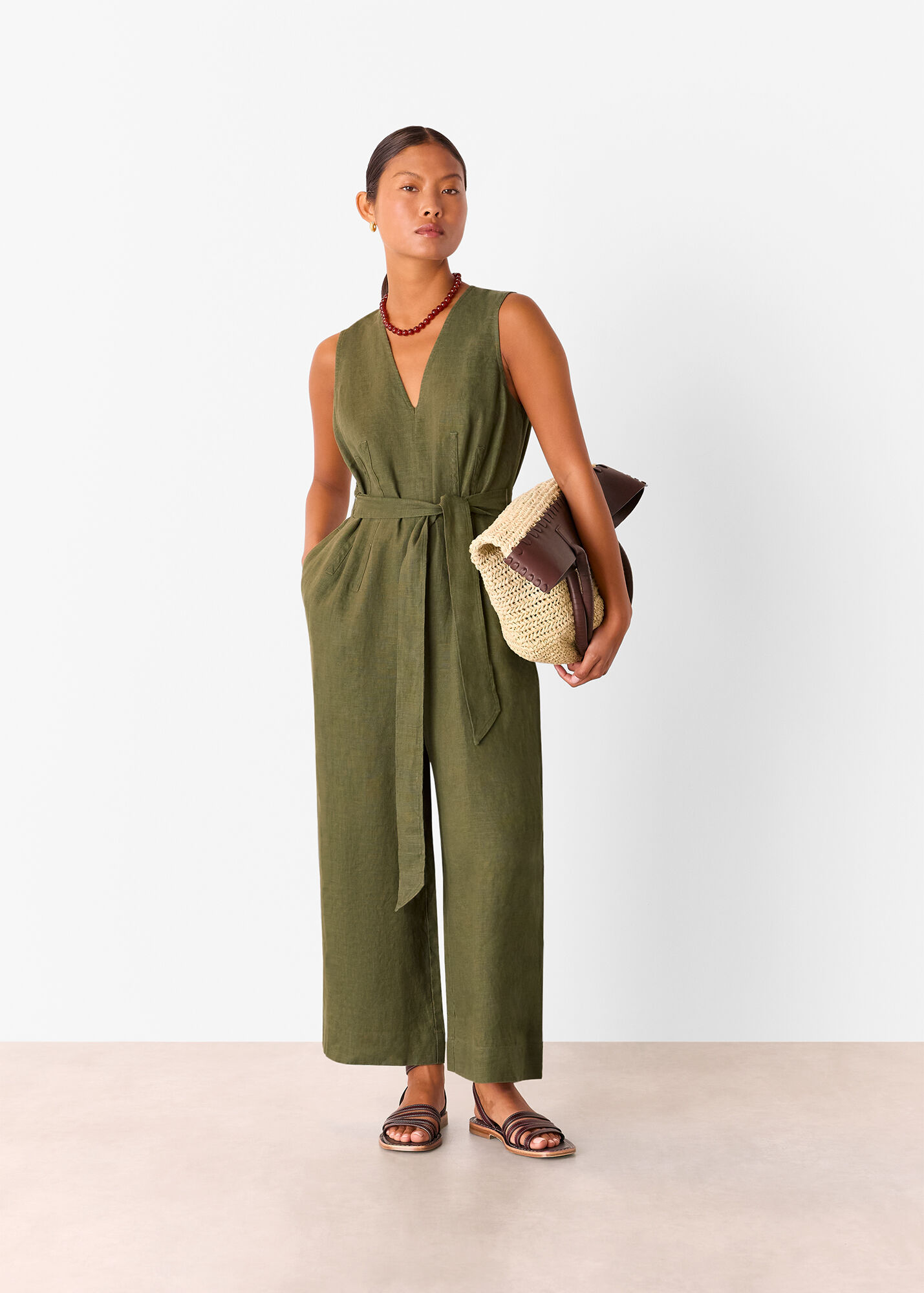 Khaki Petite Belted Seamed Linen Jumpsuit | WHISTLES | Whistles AU