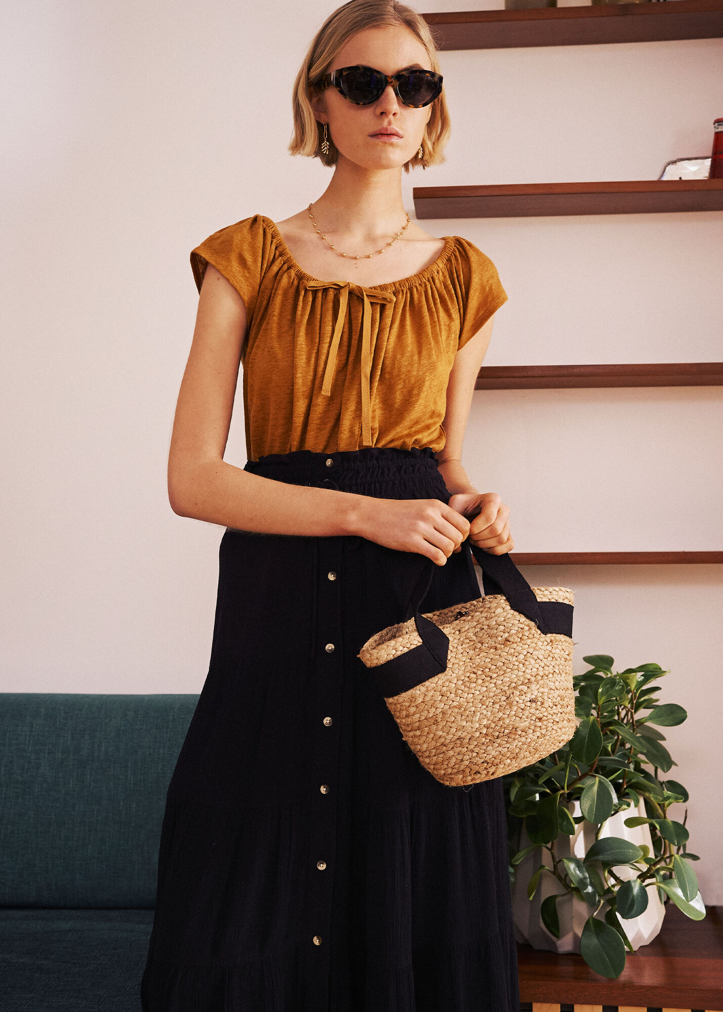 Rust Drawstring Linen Bardot Top | WHISTLES | Whistles UK