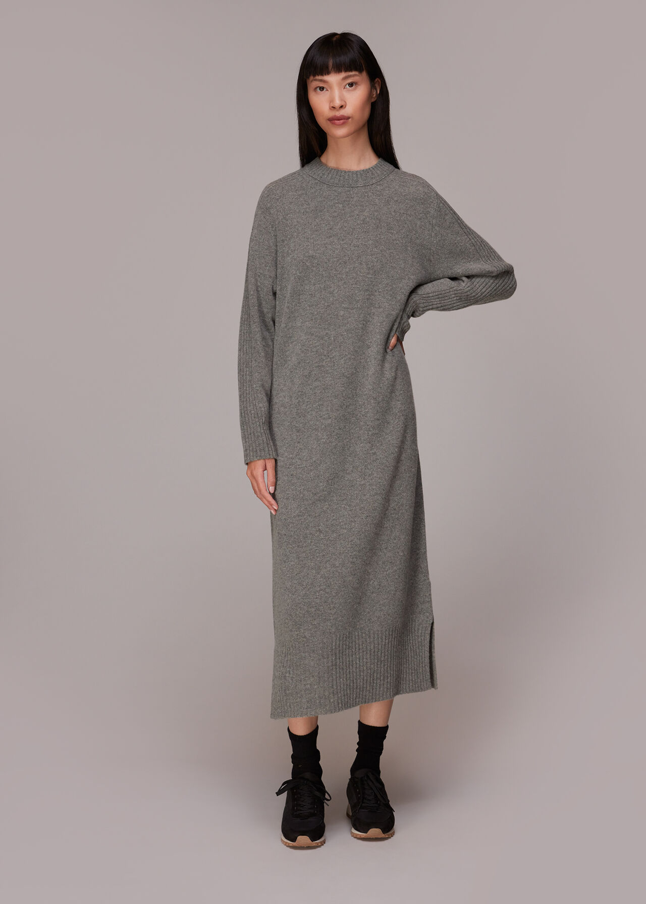 Grey Boyfriend Crew Knit Midi Dress | WHISTLES | Whistles UK