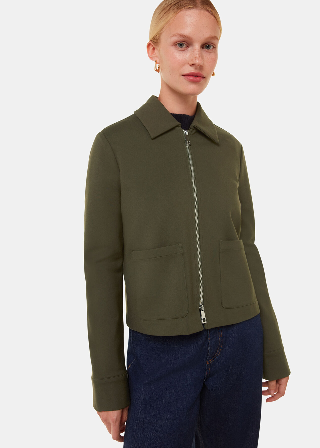 Khaki Marla Ponte Zip Through Jacket | WHISTLES | Whistles UK