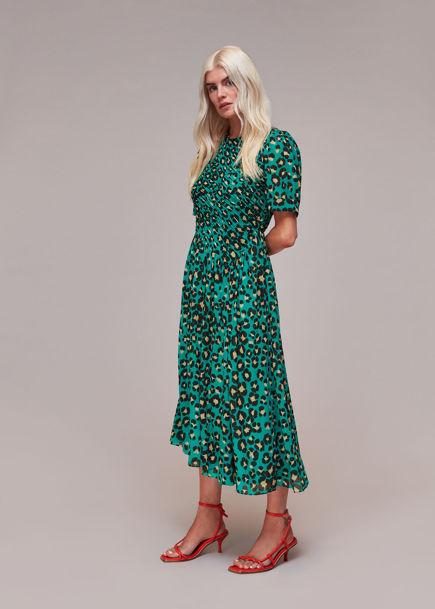 Green/Multi Painted Leopard Shirred Dress | WHISTLES | Whistles UK