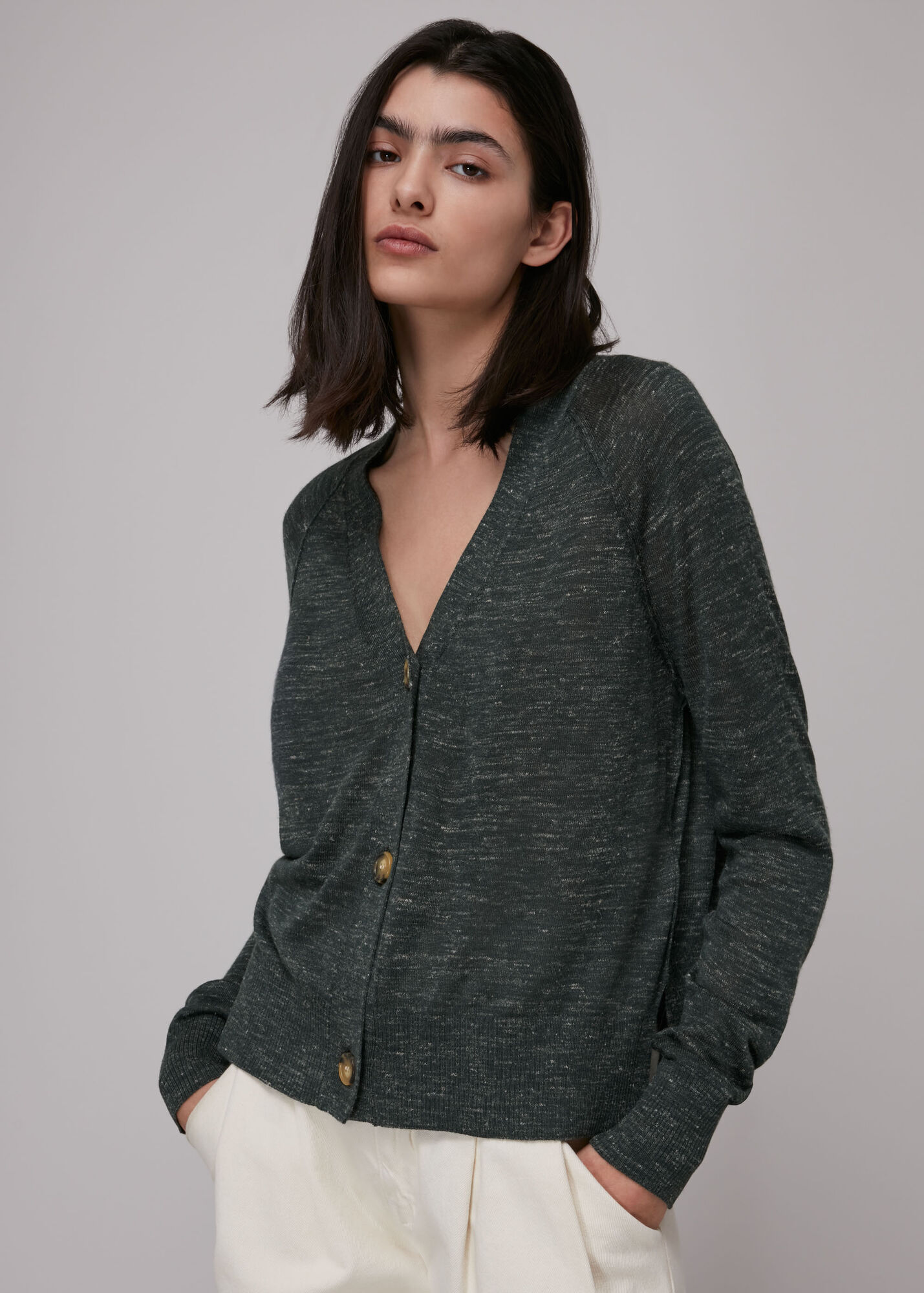 Khaki Relaxed Linen Mix Cardigan | WHISTLES | Whistles UK