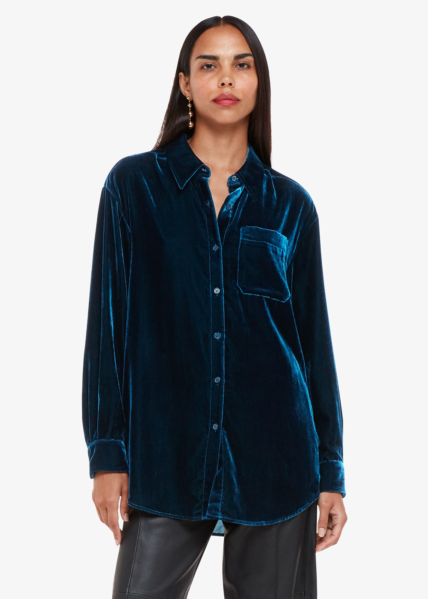 Dark Blue Velvet Oversized Shirt With Front Pocket | Whistles ...