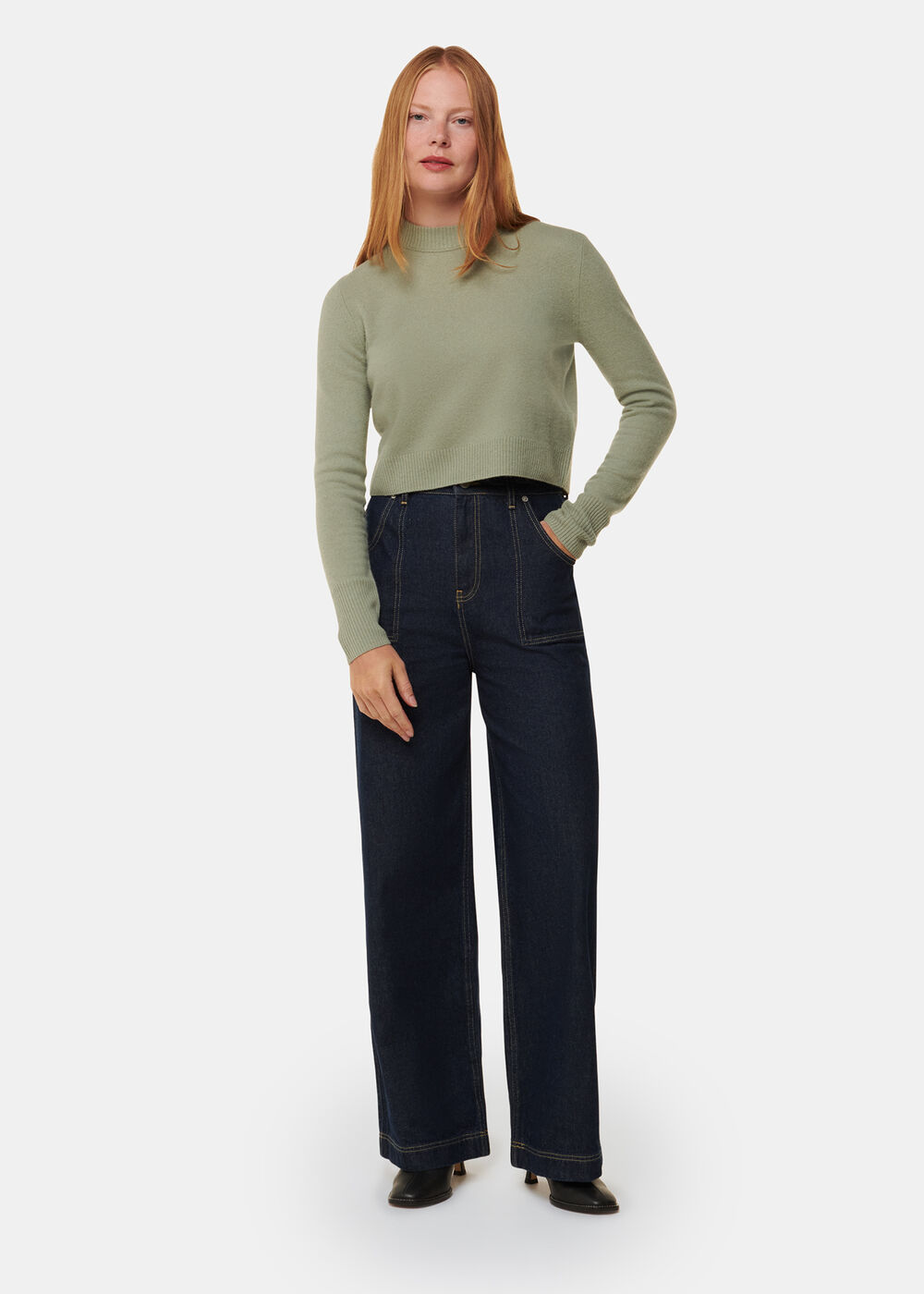 Sage Green Wool Cropped Sweater | WHISTLES | Whistles US