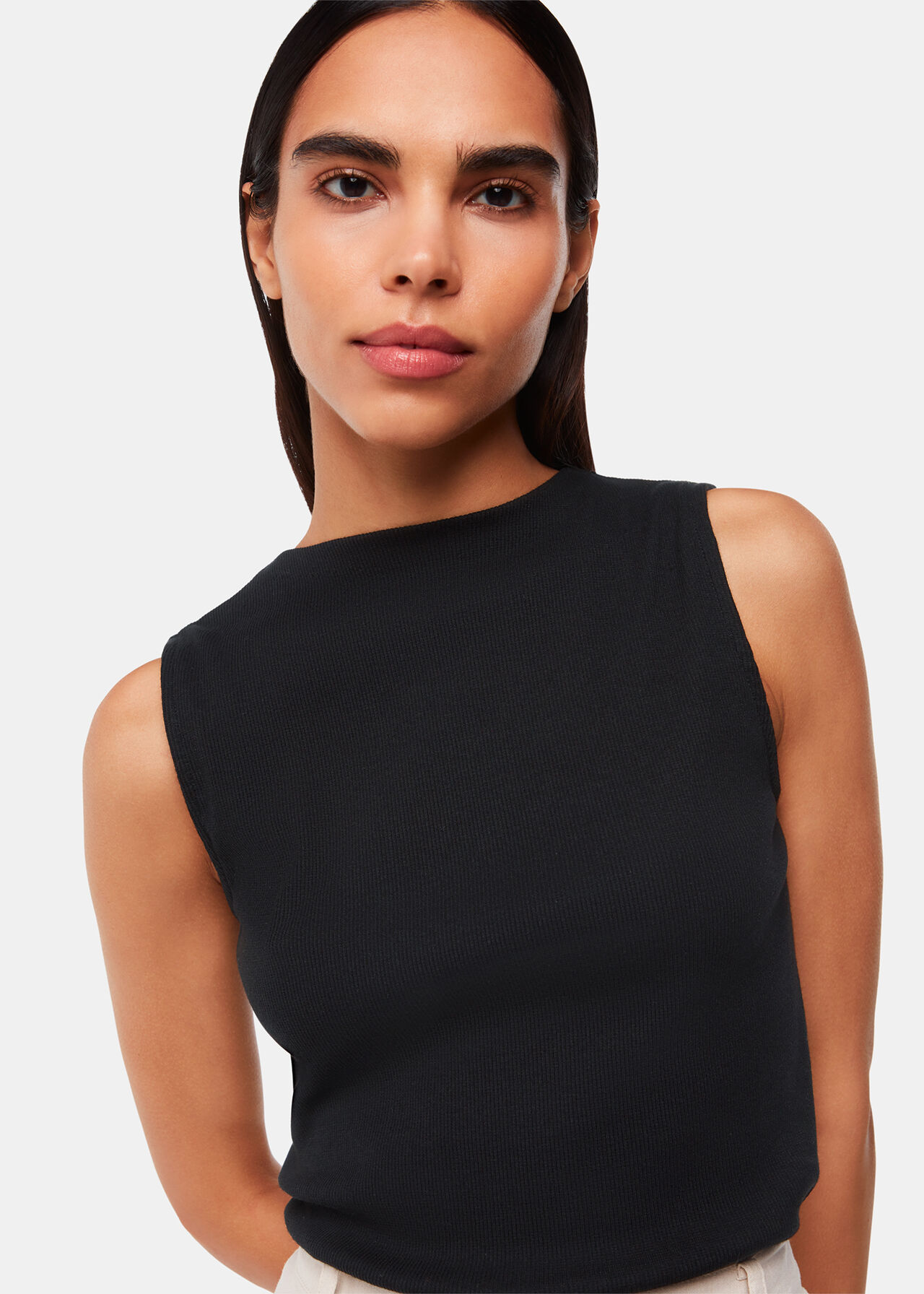 Black High Neck Rib Detail Tee | WHISTLES | Whistles UK
