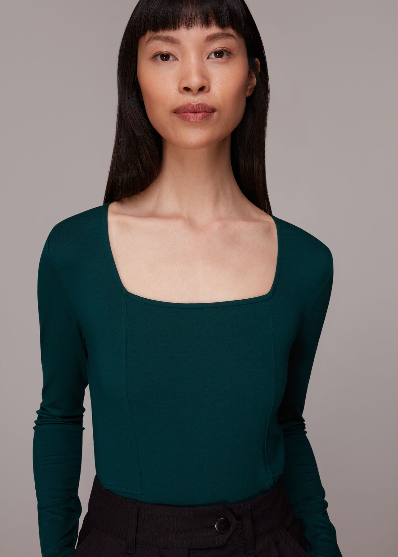 Dark Green Square Neck Long Sleeve Top | WHISTLES | Whistles US