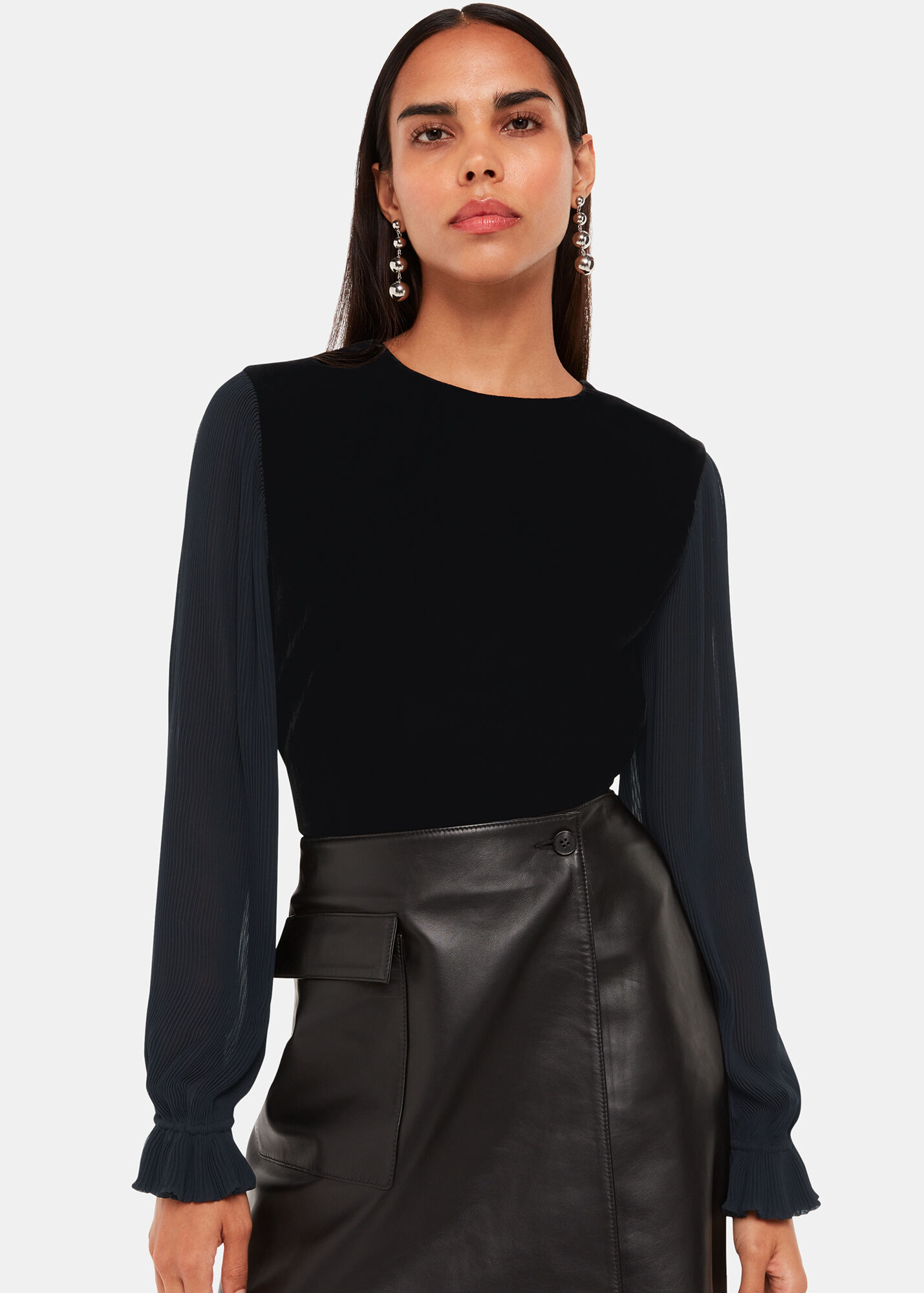 Black Velvet Top With Long Pleated Sleeves & Tie Back | Whistles ...