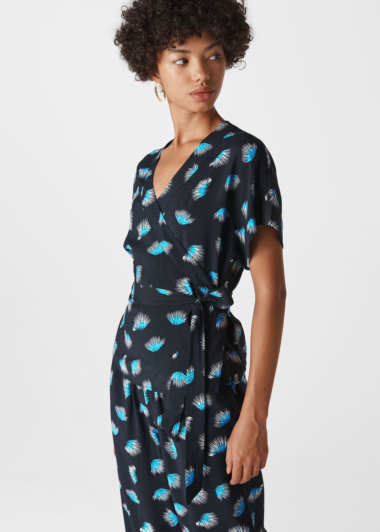 Black/Multi Coral Print Wrap Top | WHISTLES | Whistles US