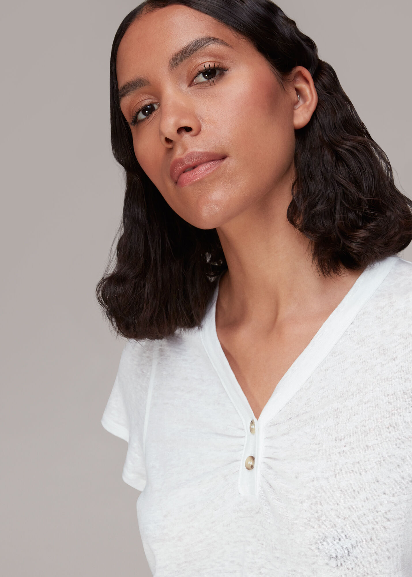 White Cada Button Linen Mix Tee | WHISTLES | Whistles UK