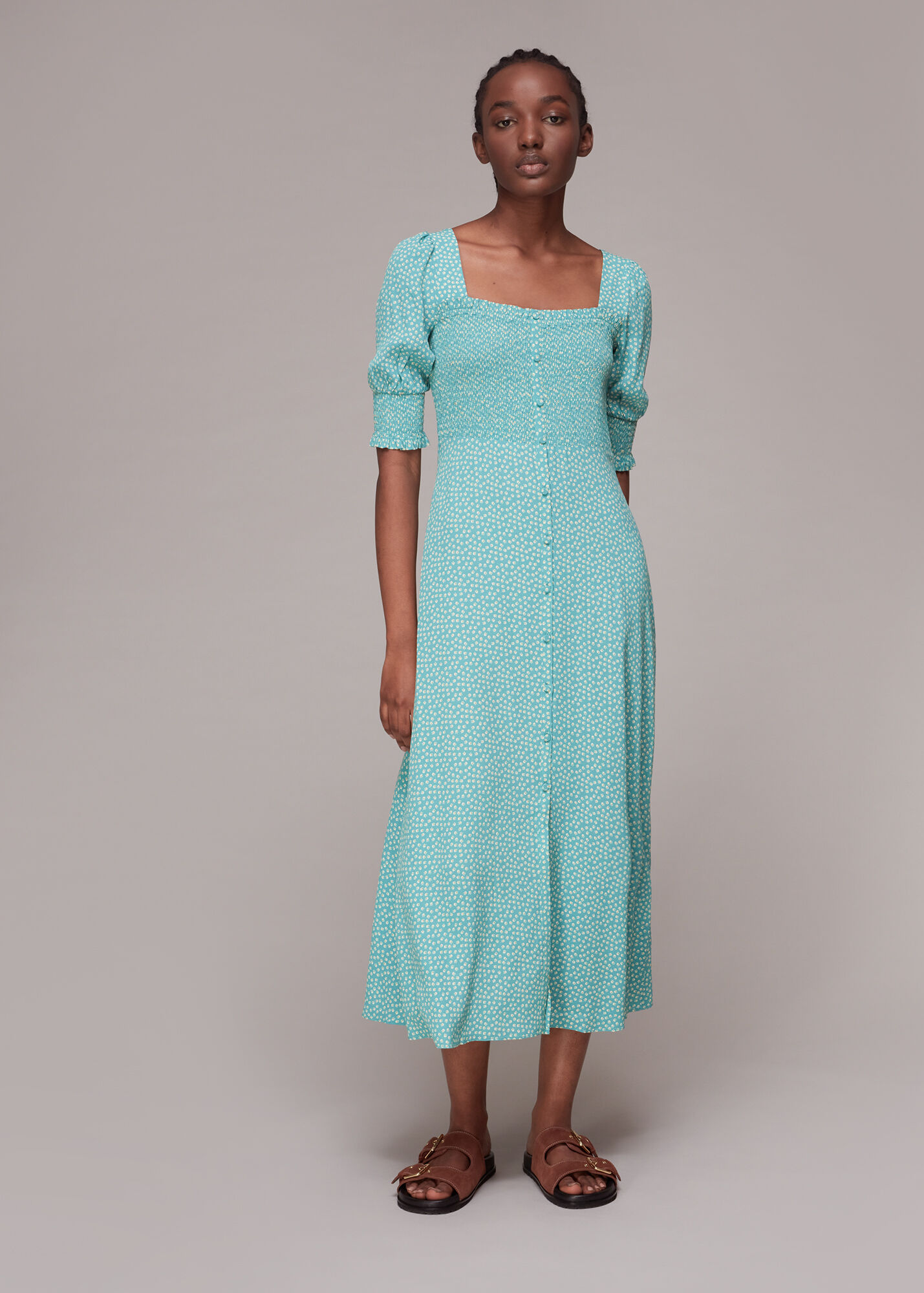 Blue/Multi Ditsy Floral Shirred Dress | WHISTLES | Whistles UK