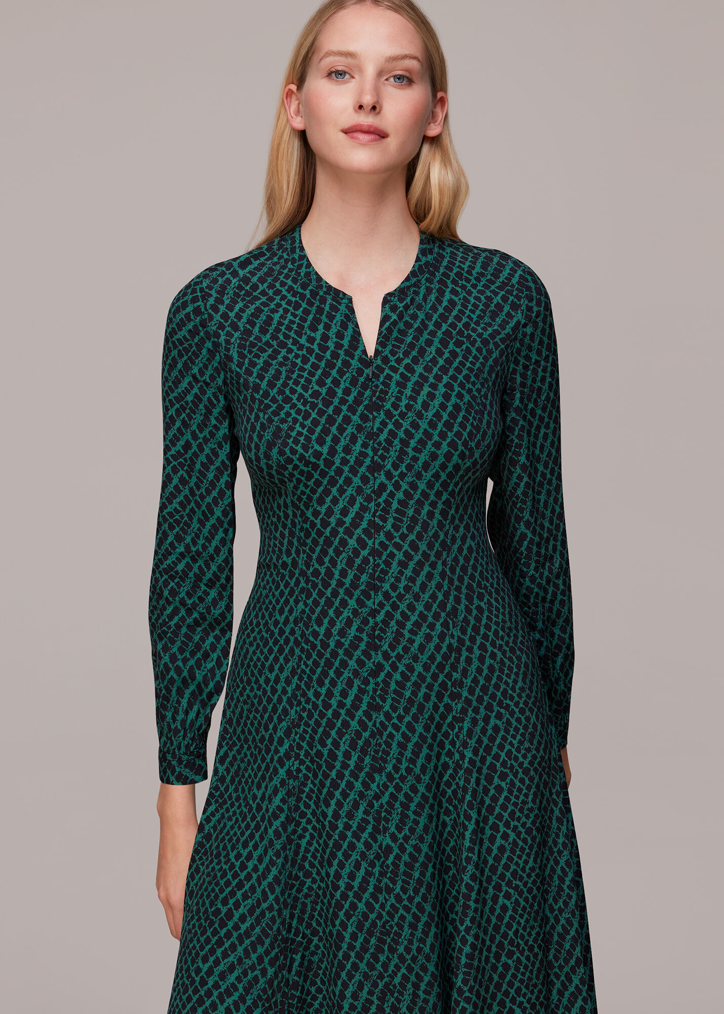 Green/Multi Brushed Geo Print Midi Dress | WHISTLES | Whistles UK