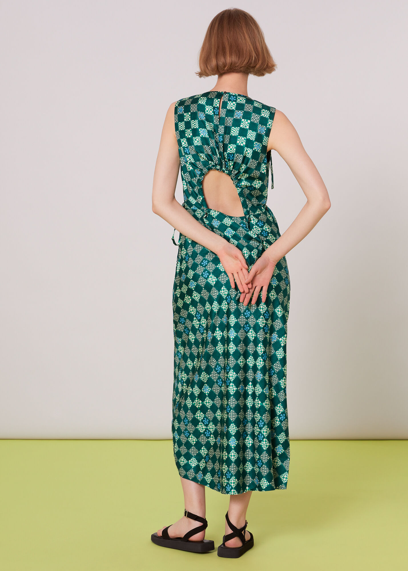 Green/Multi Silk Checkerboard Dress | WHISTLES | Whistles UK