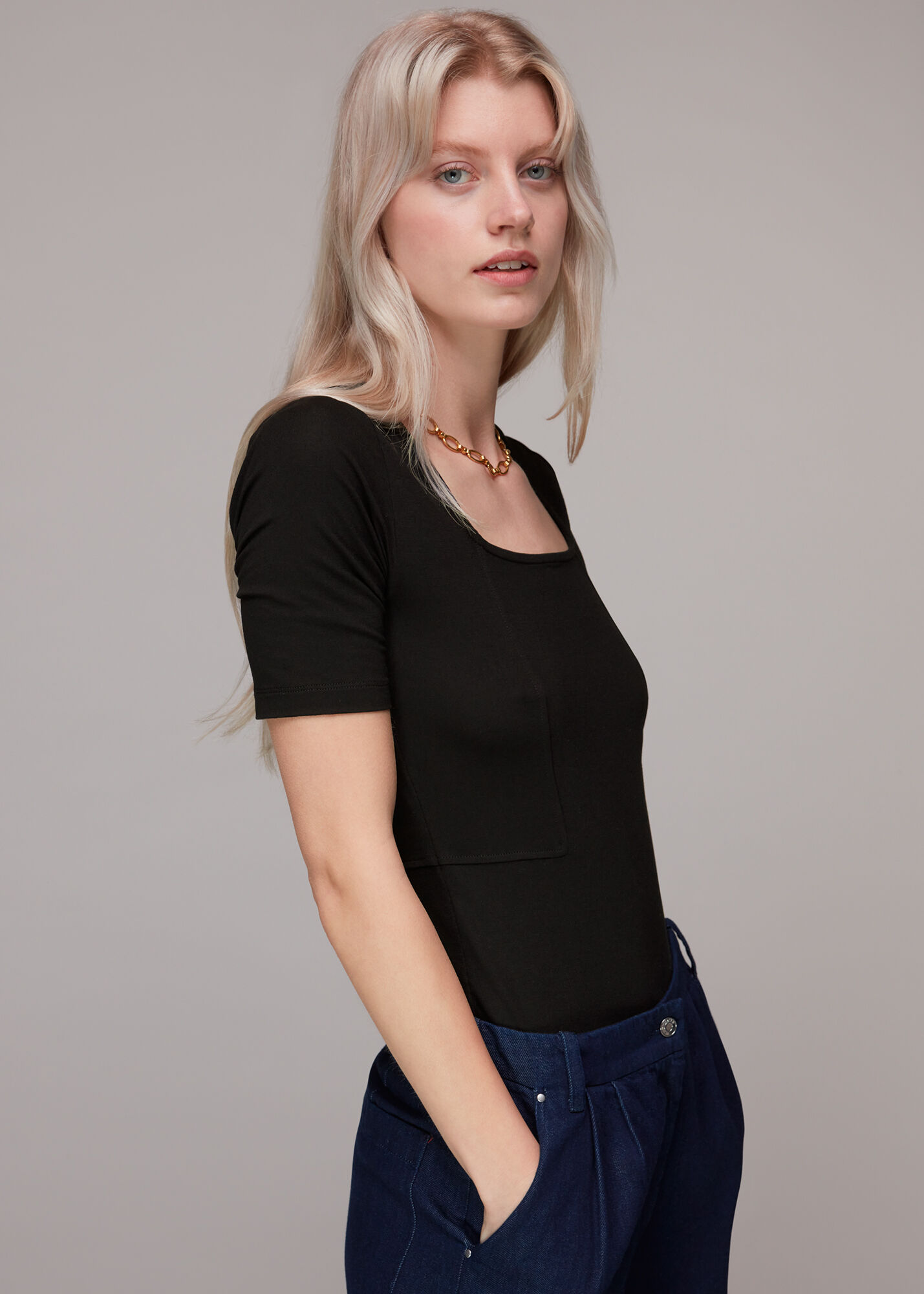 Black Square Neck T-Shirt | WHISTLES | Whistles UK