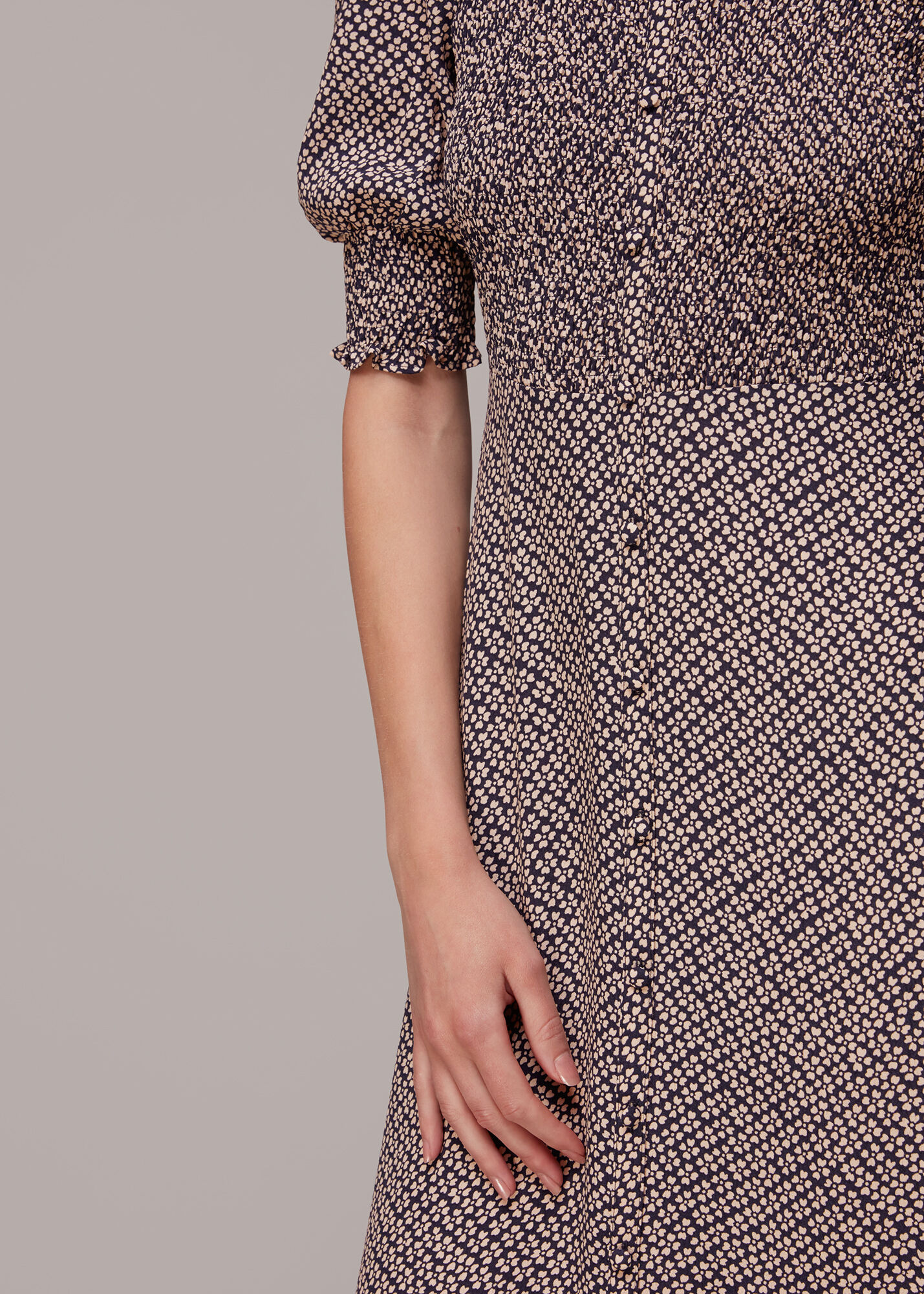 Navy/Multi Clover Print Shirred Dress | WHISTLES | Whistles UK