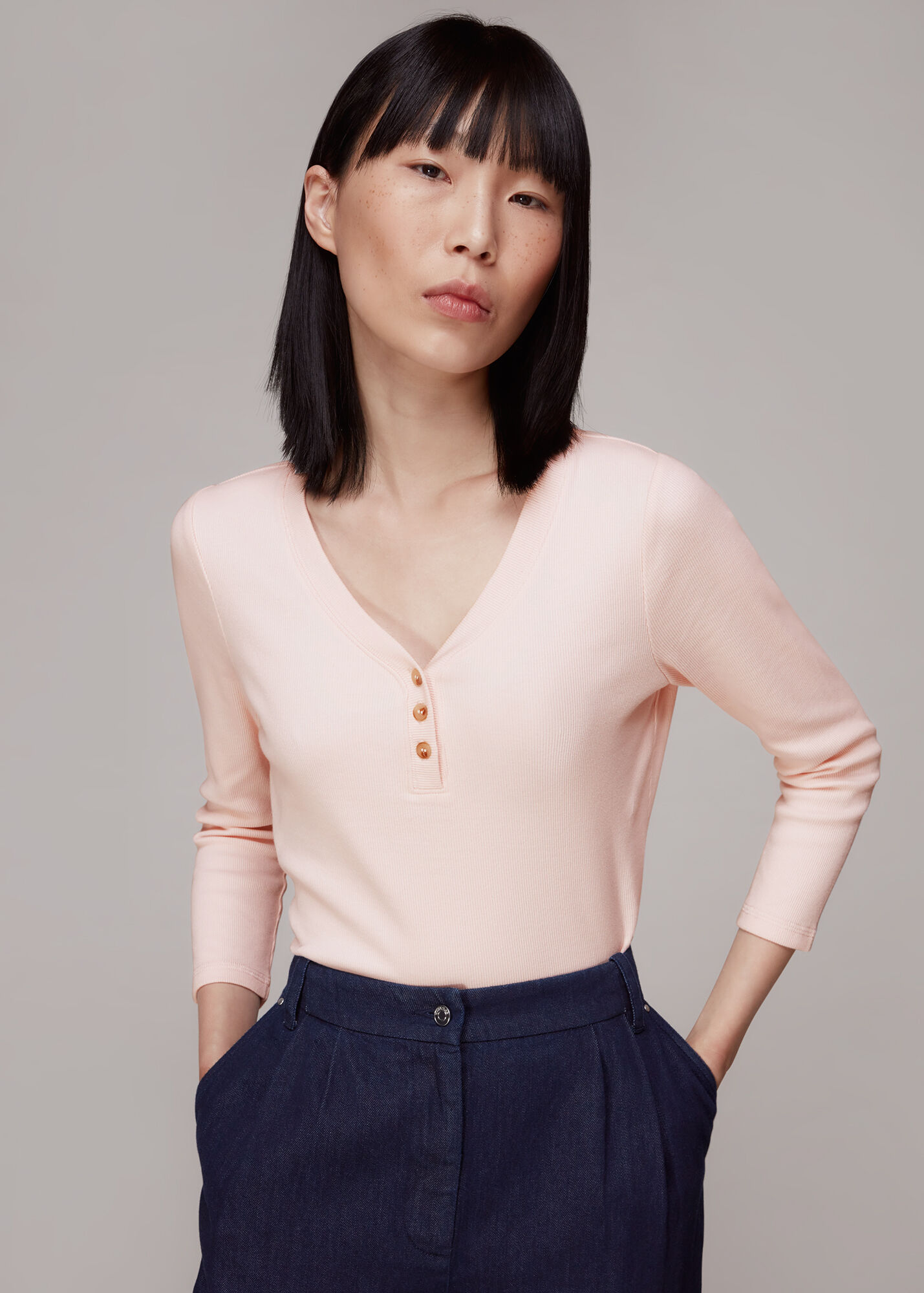 Pale Pink Paiton Ribbed Button Front Top | WHISTLES | Whistles